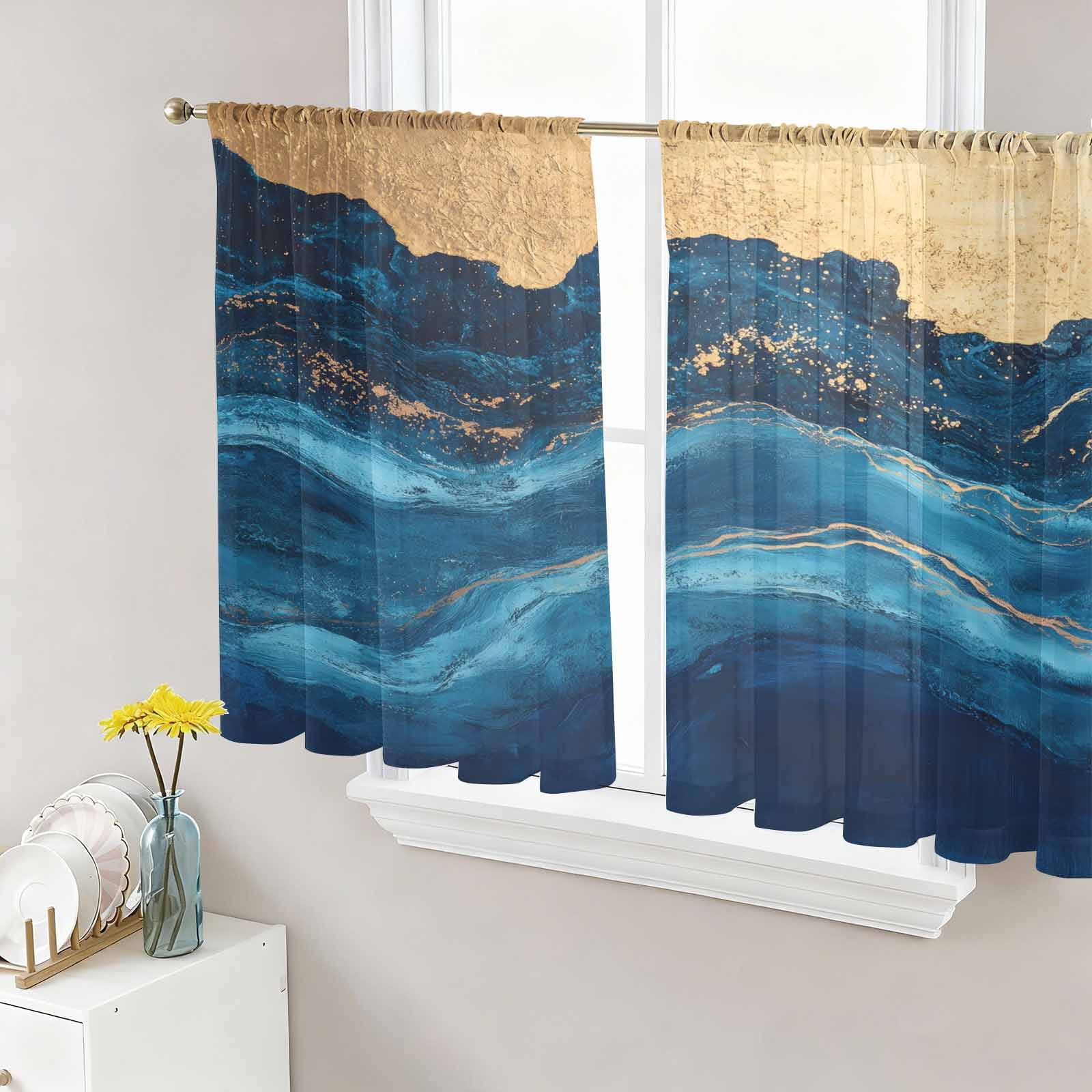 Navy Blue Semi Sheer Curtains 45 Inch Length 2 Panels Set, Modern ...