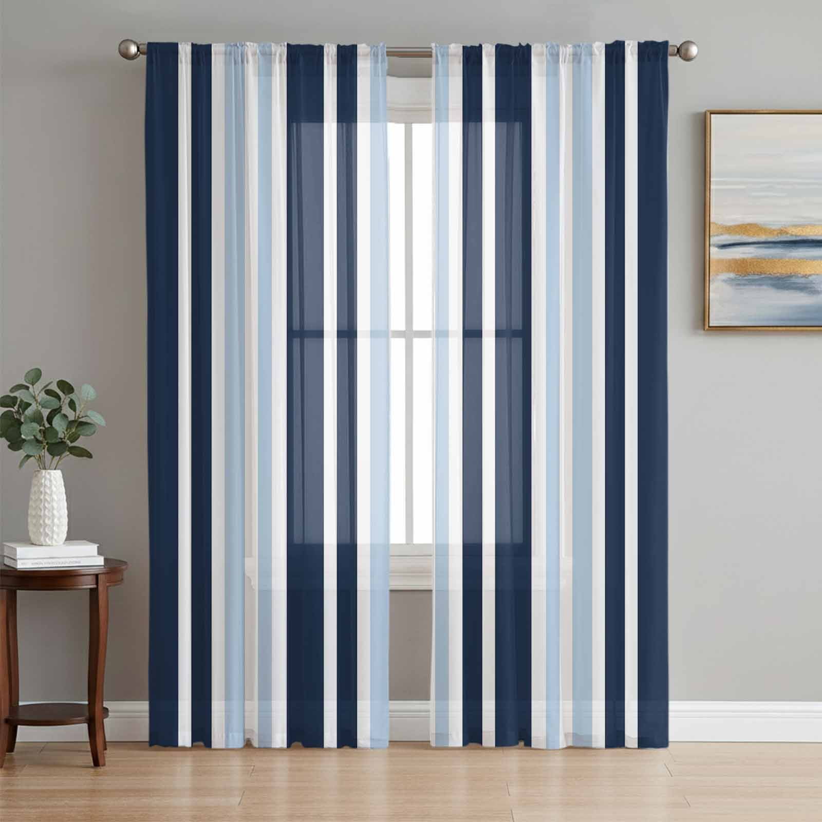 Navy Blue Semi Sheer Curtains 72 Inch Length 2 Panels Set, Modern White ...
