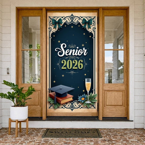 Navy Blue Senior 2026 Banner Green Bow Graduation Backdrop Gold Star ...