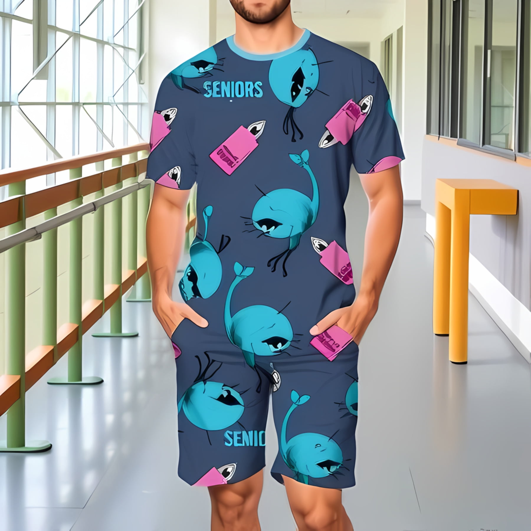 Navy Blue Seniors Pajama Set - Cartoon Blue with Pink Books Design ...