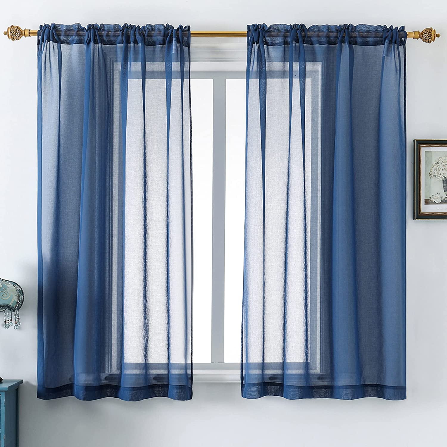 Navy Blue Sheer Curtains 54 Inches Long - Faux Linen Light Filtering ...