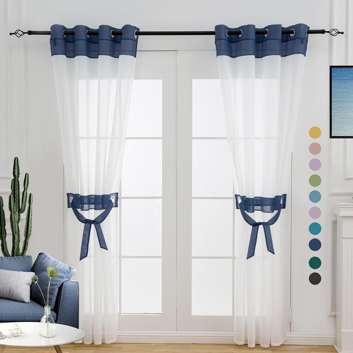 Navy Blue Sheer Curtains 63 Inch Length 2 Panels Set for Living Room Short, White and Dark Blue ...