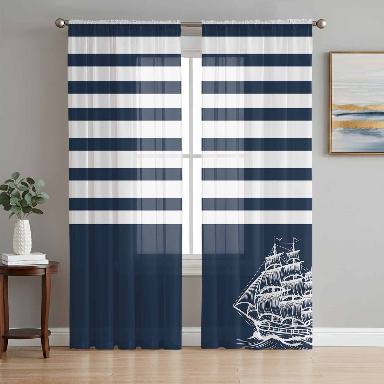 Navy Blue Sheer Curtains 63 Inch Length 2 Panels Set, Nautical Coastal ...