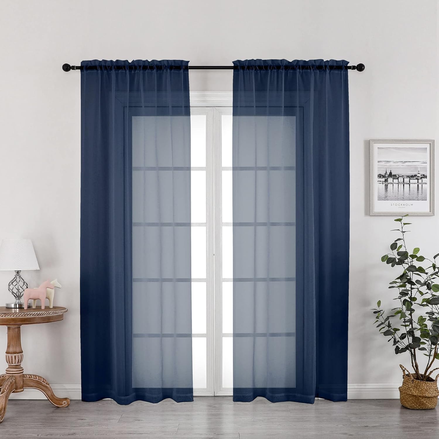 Navy Blue Sheer Curtains 72 Inches Long 2 Panels, Transparent Voile ...