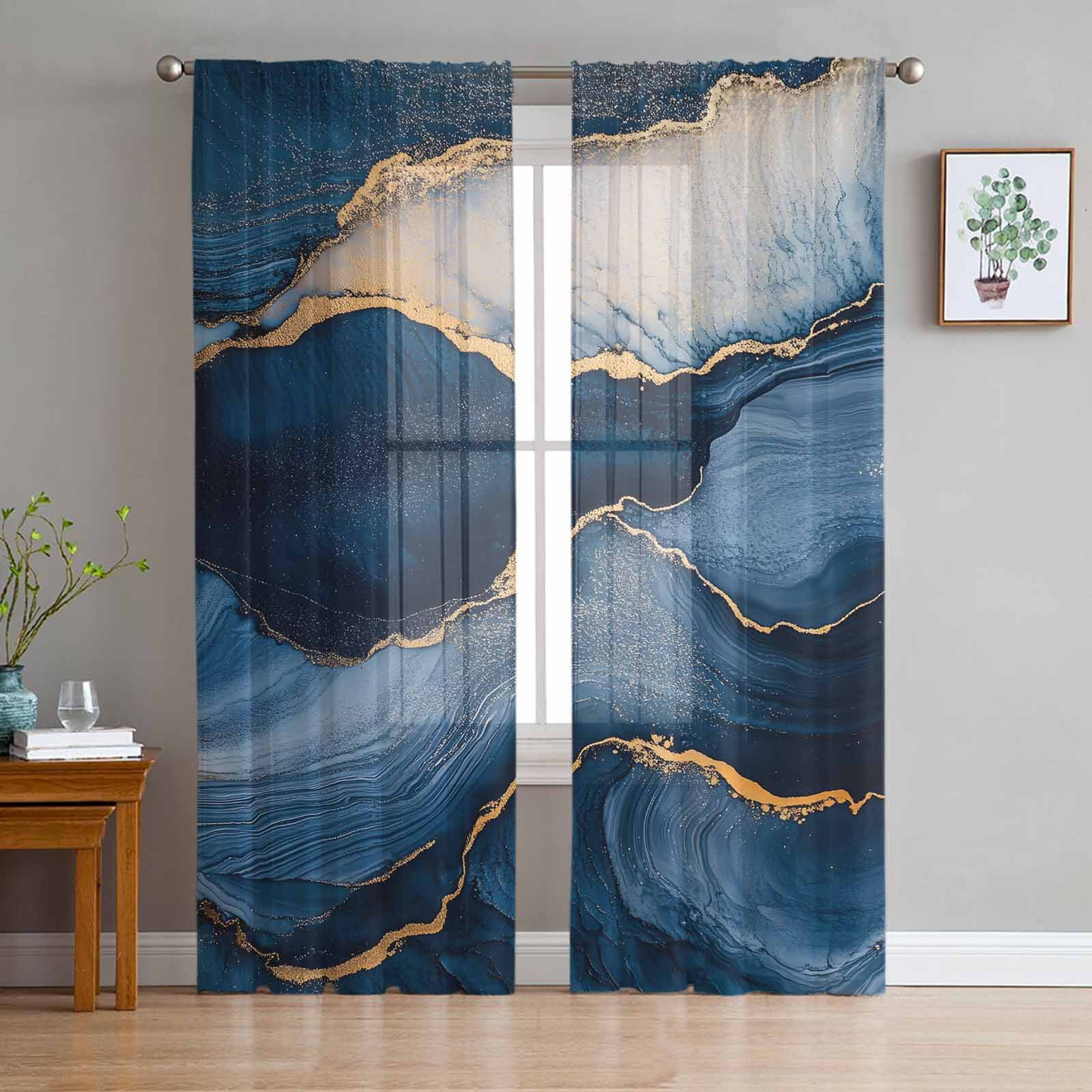 Navy Blue Sheer Curtains 84 Inch Length 2 Panels Set for Living Room ...