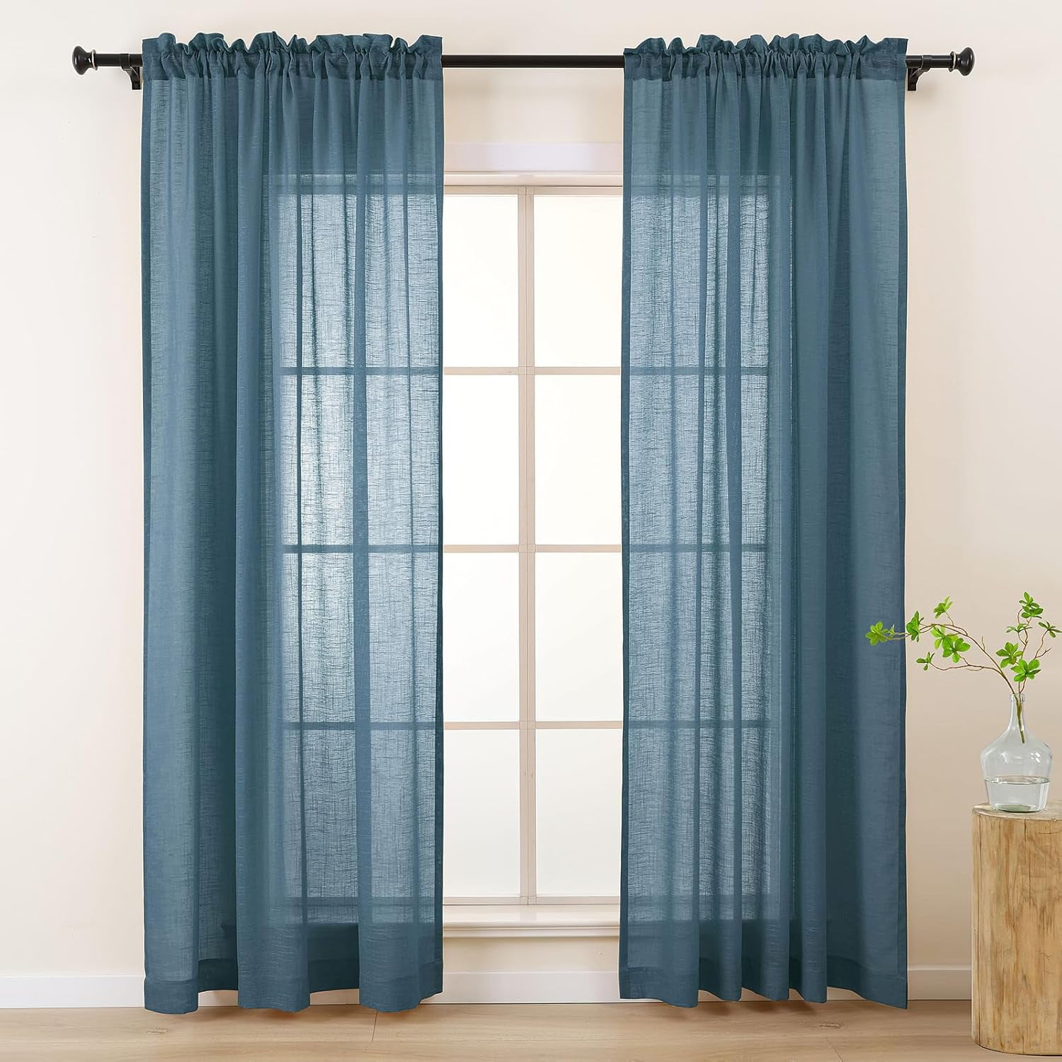 Navy Blue Sheer Curtains 84 Inches Long for Living Room 2 Panels Set Linen Look Sheer Curtains ...