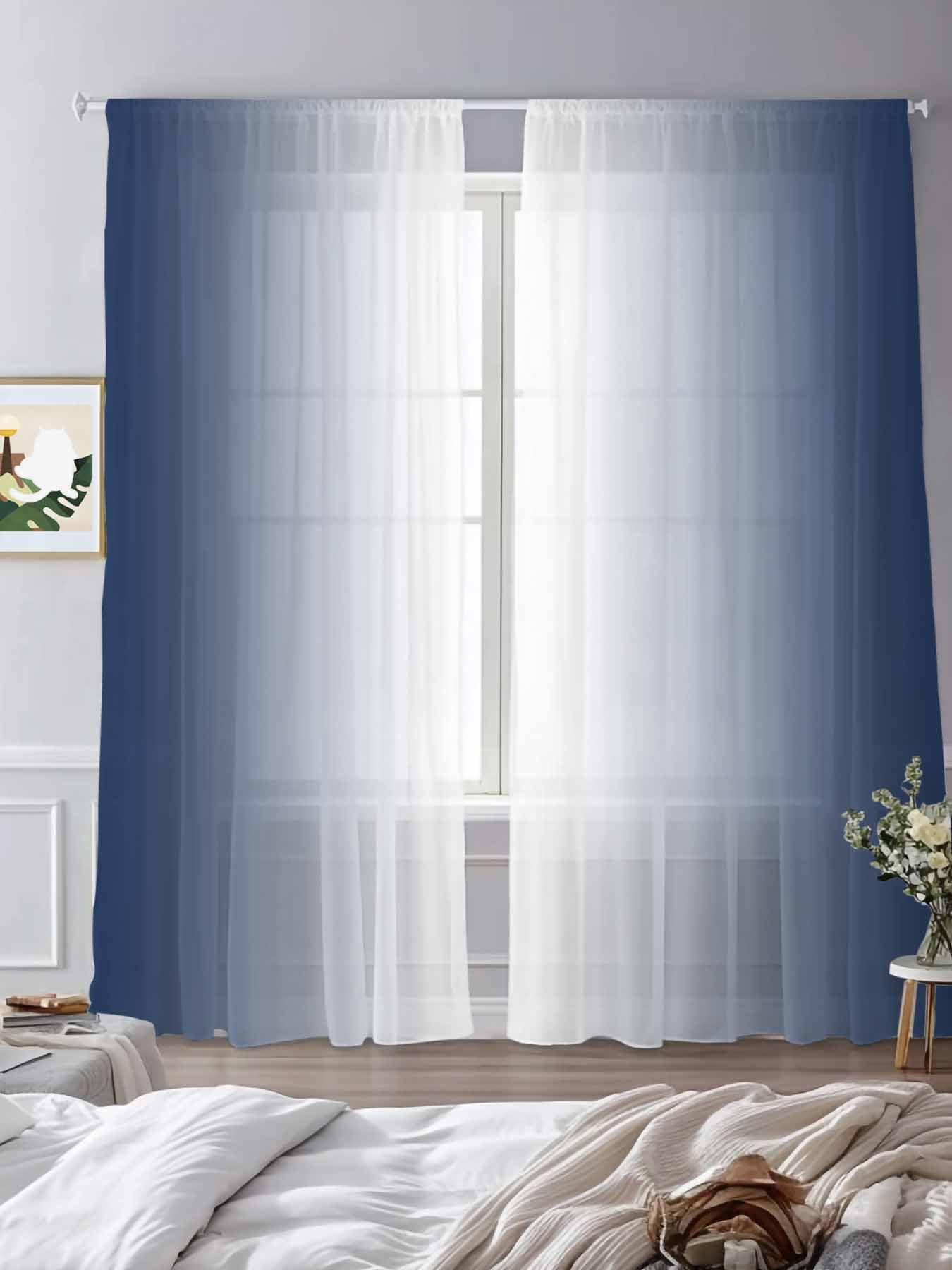 Navy Blue Sheer Curtains 84 inches Long 2 Panels Set and White Gradient ...