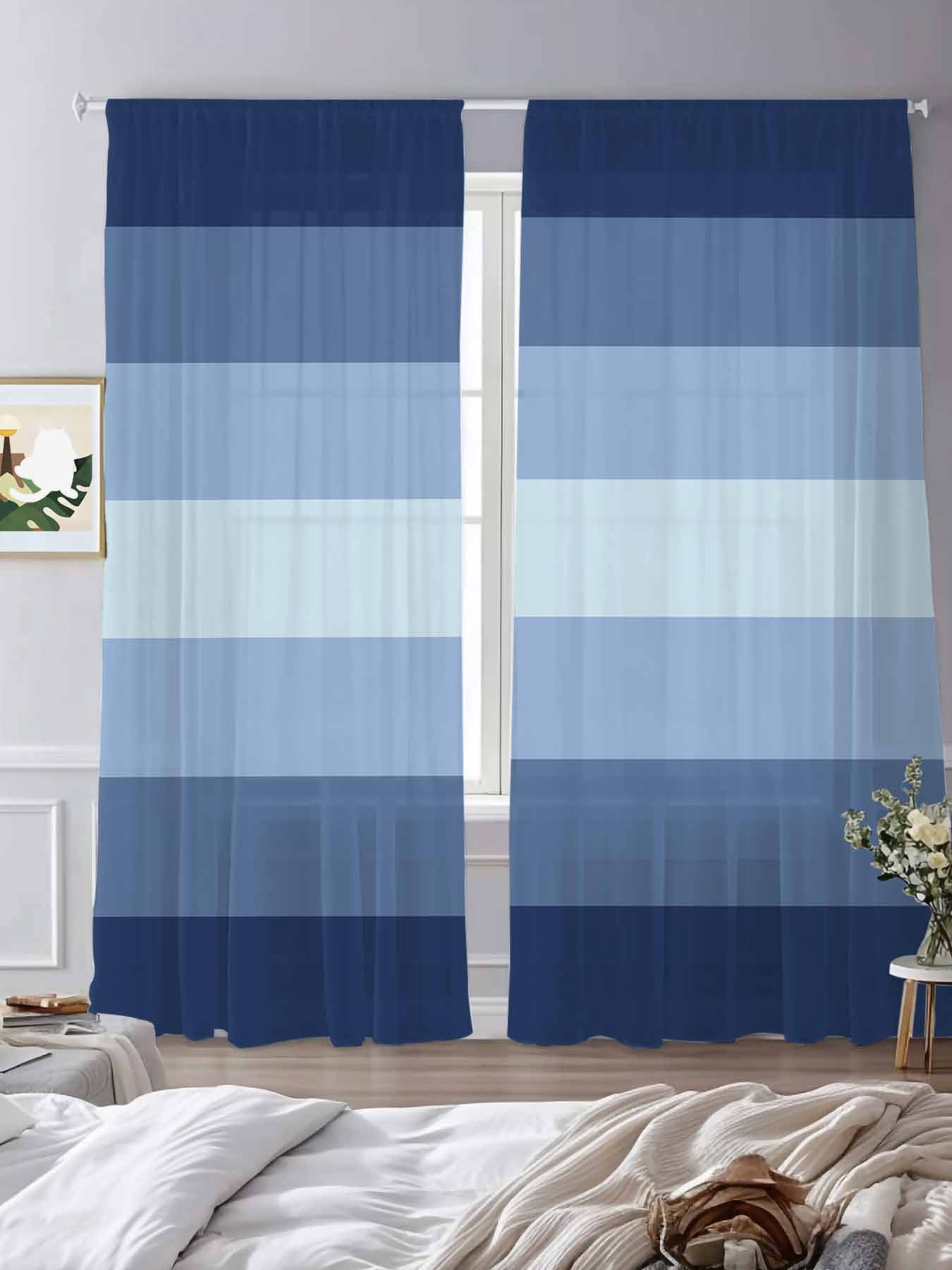 Navy Blue Sheer Curtains 96 inches Long 2 Panels Set Ombre Stripe Tiers ...