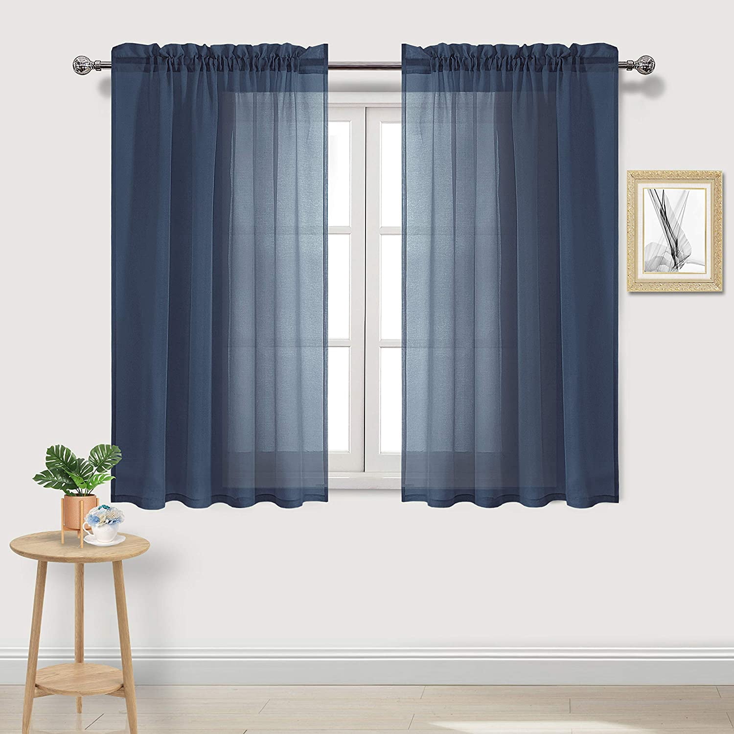 Navy Blue Sheer Curtains Semi Transparent Voile Rod Pocket Curtains for ...