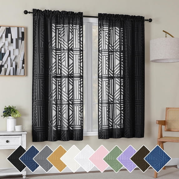 Navy Blue Sheer Kitchen Curtains 36 Inch Length, 2 Panels Light ...