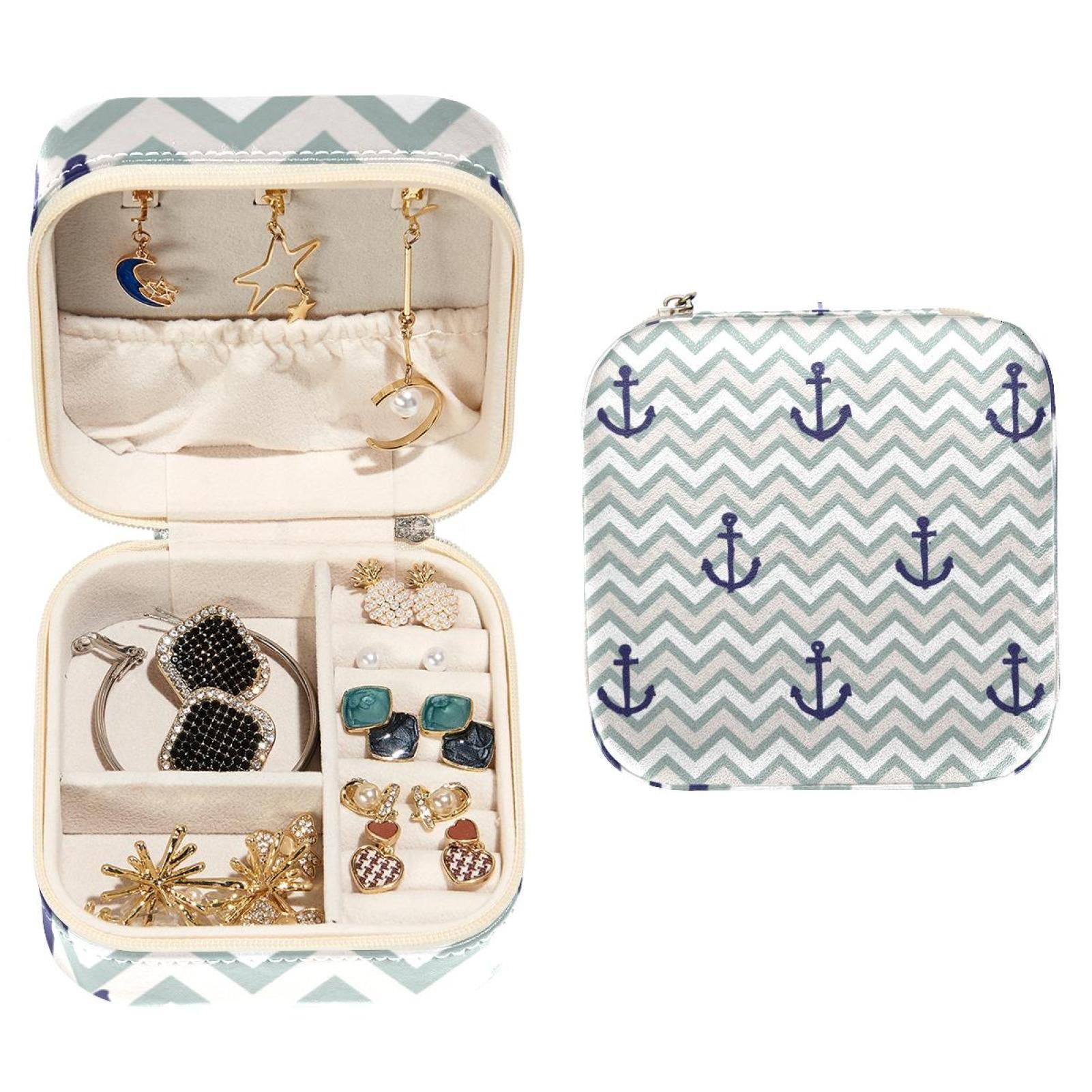 Navy Blue Ship Anchor Grey Zigzag Pattern Jewelry Box: Travel-Portable ...