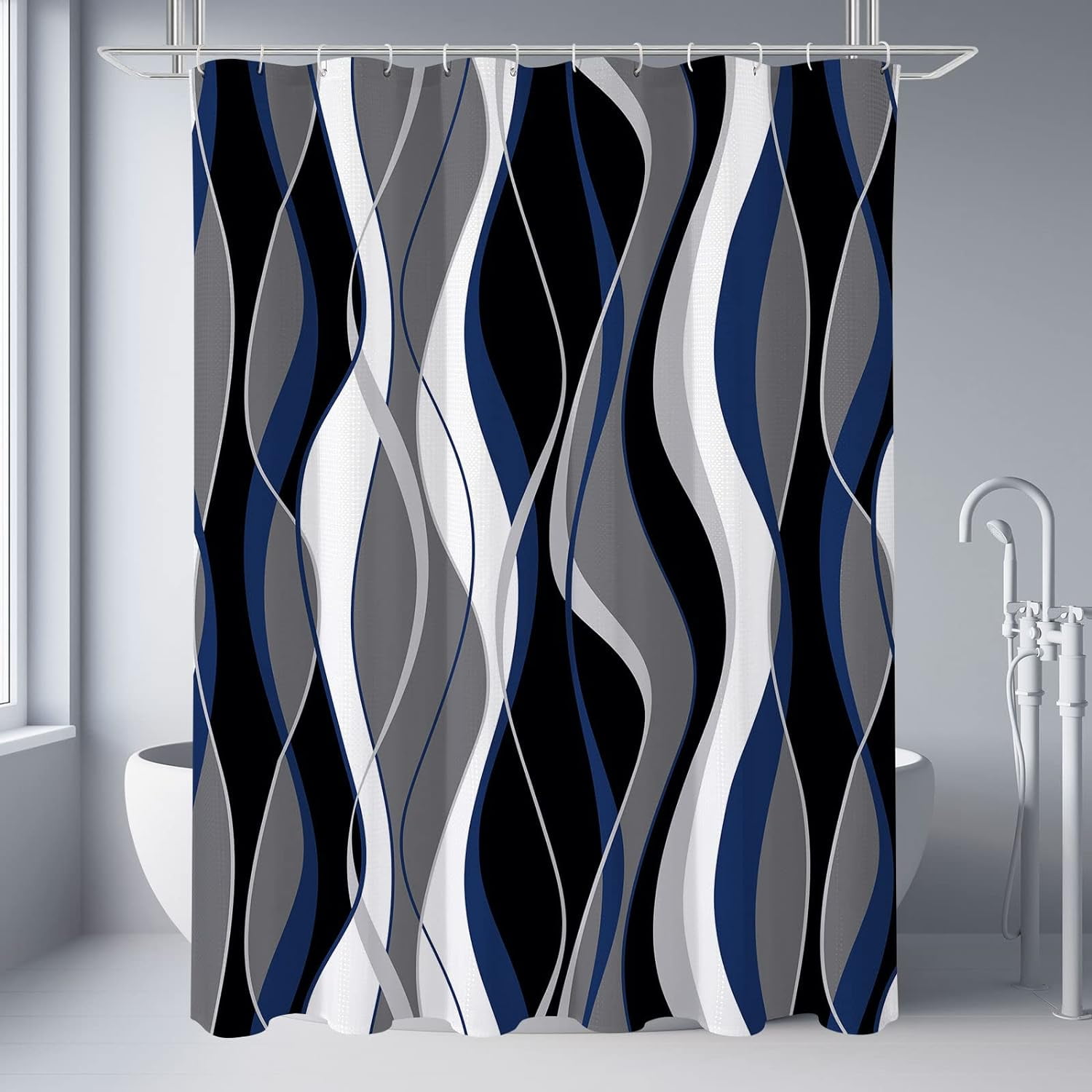 Navy Blue Shower Curtain, Black and Grey Abstract Modern Bathroom Decor ...