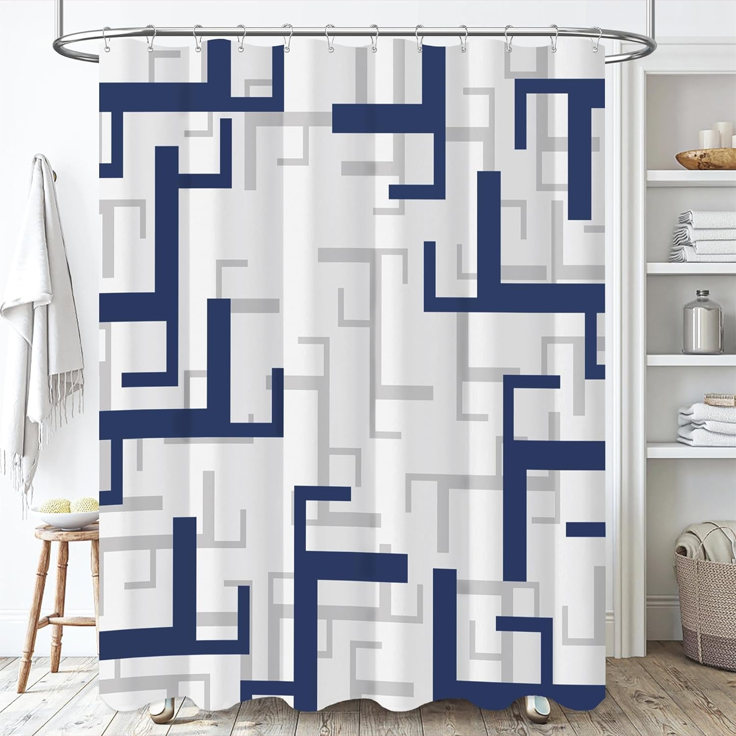 Navy Blue Shower Curtain - Modern Geometric Fabric Shower Curtain Set ...