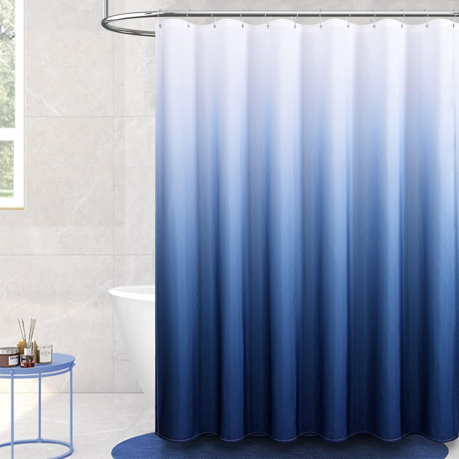 Navy Blue Shower Curtain, Ombre Linen Textured Fabric Shower Curtain ...