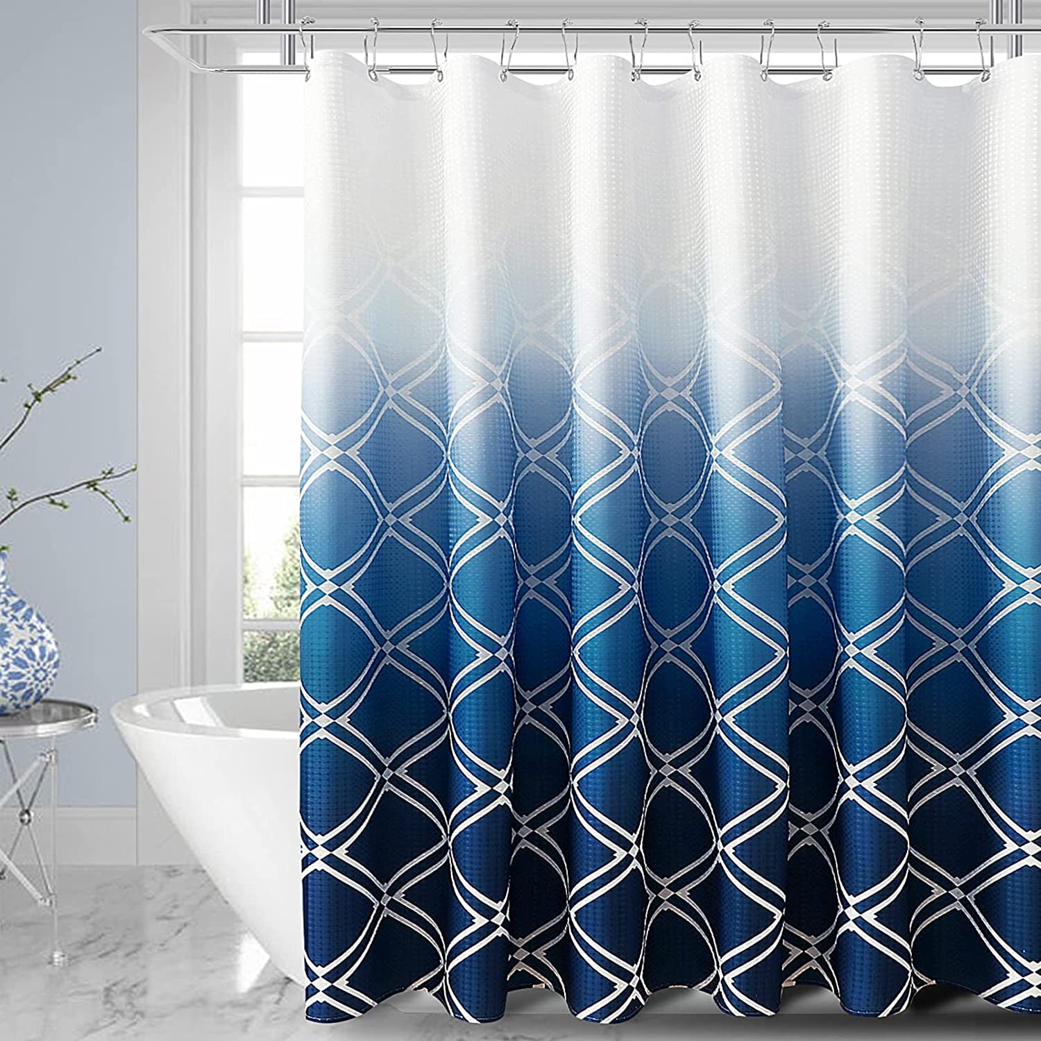 Navy Blue Shower Curtain Blue and White Reeple Ombre Shower Curtain for ...