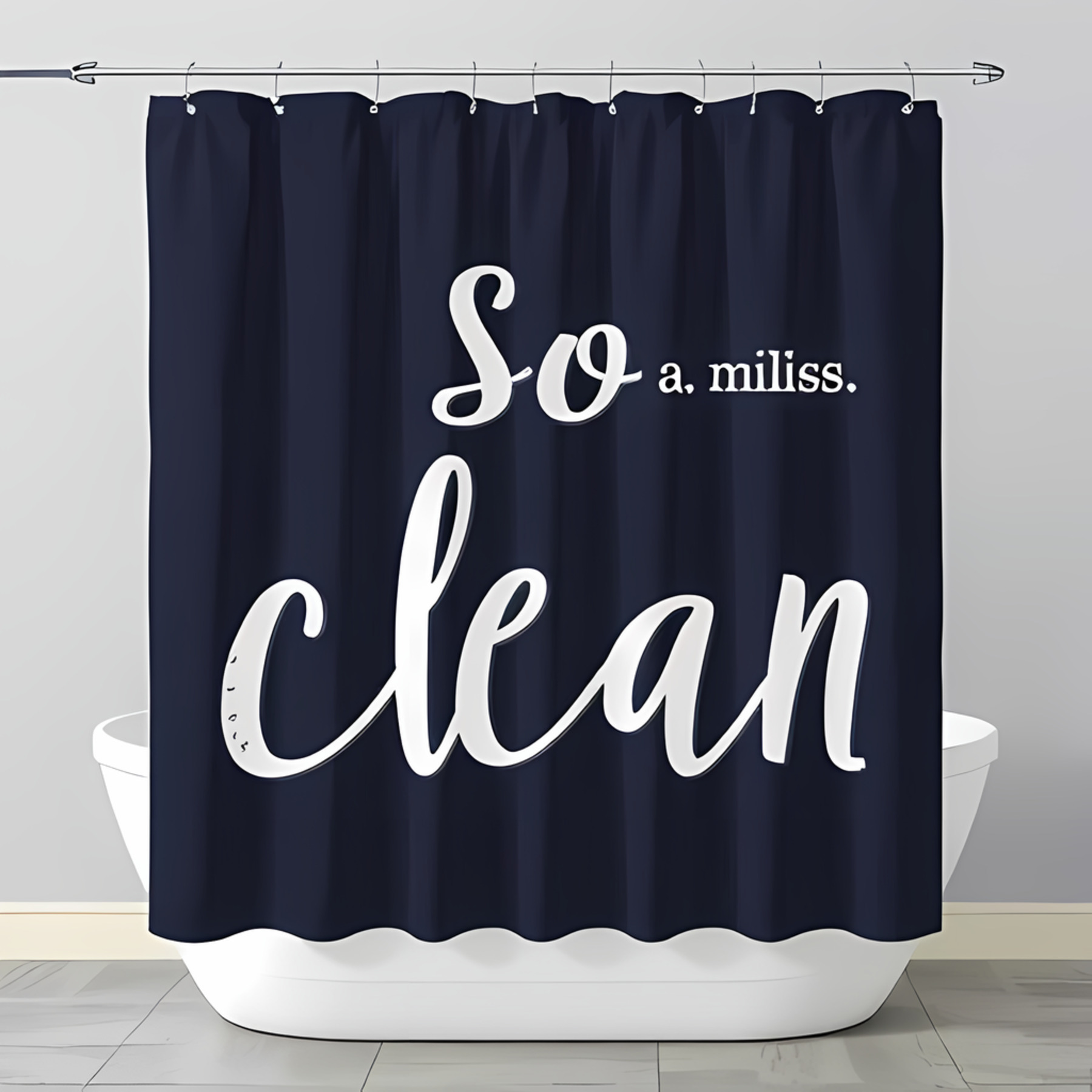 Navy Blue Shower Curtain with Elegant White Cursive Phrase " So a milss ...