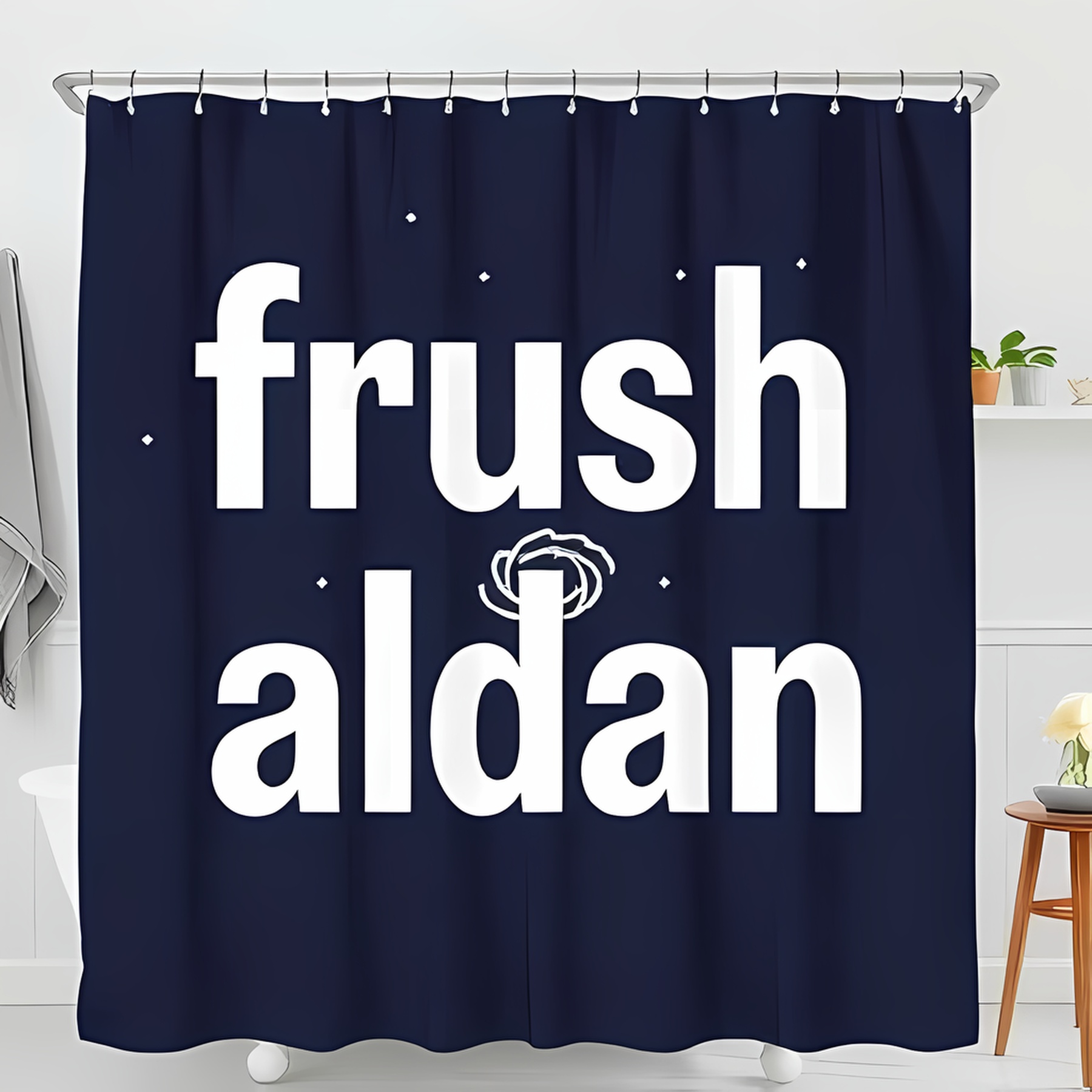 Navy Blue Shower Curtain with "FRUSH ALDAN" in Bold White Letters ...