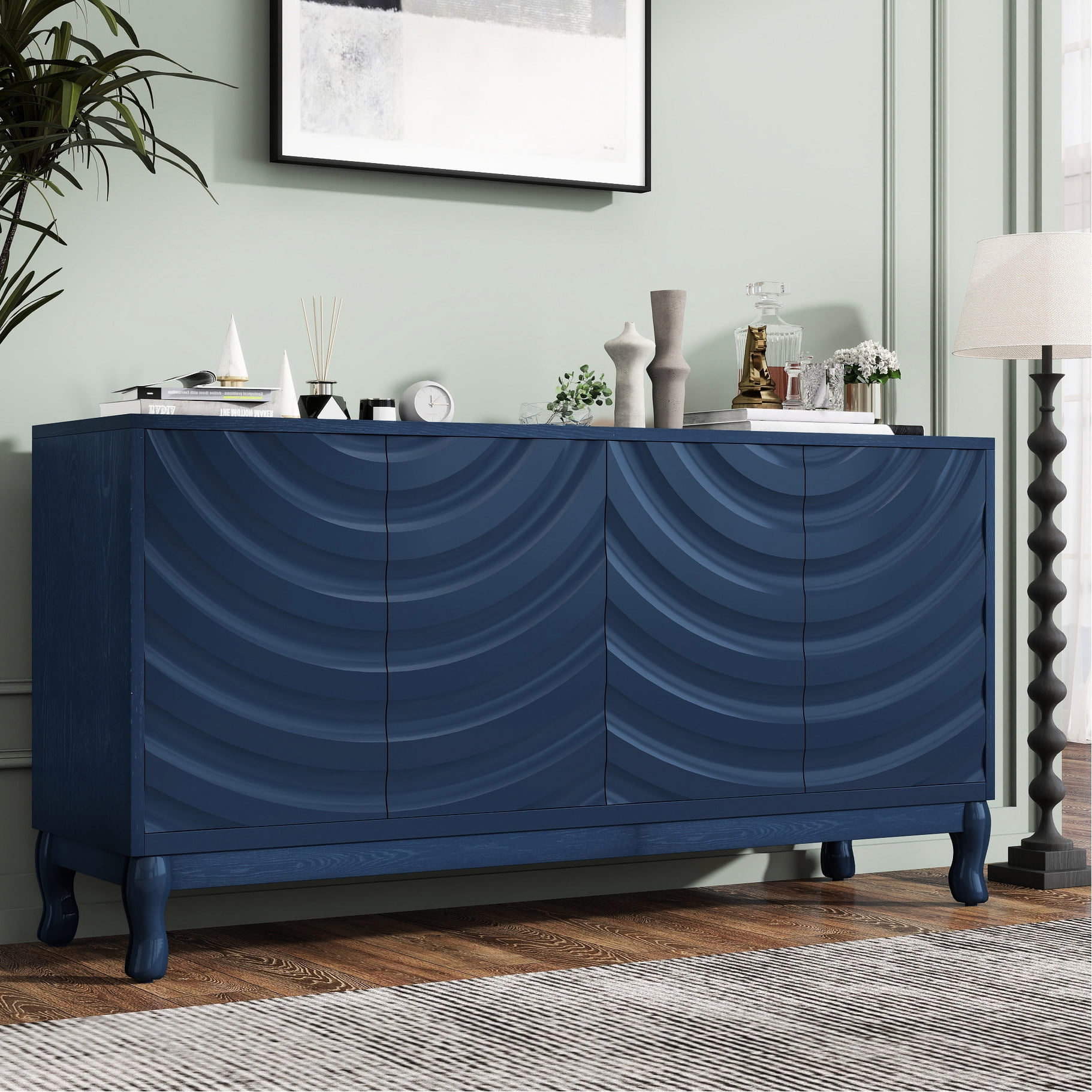 Navy Blue Sideboard Cabinet | Wavy Design for Living Room Decor ...