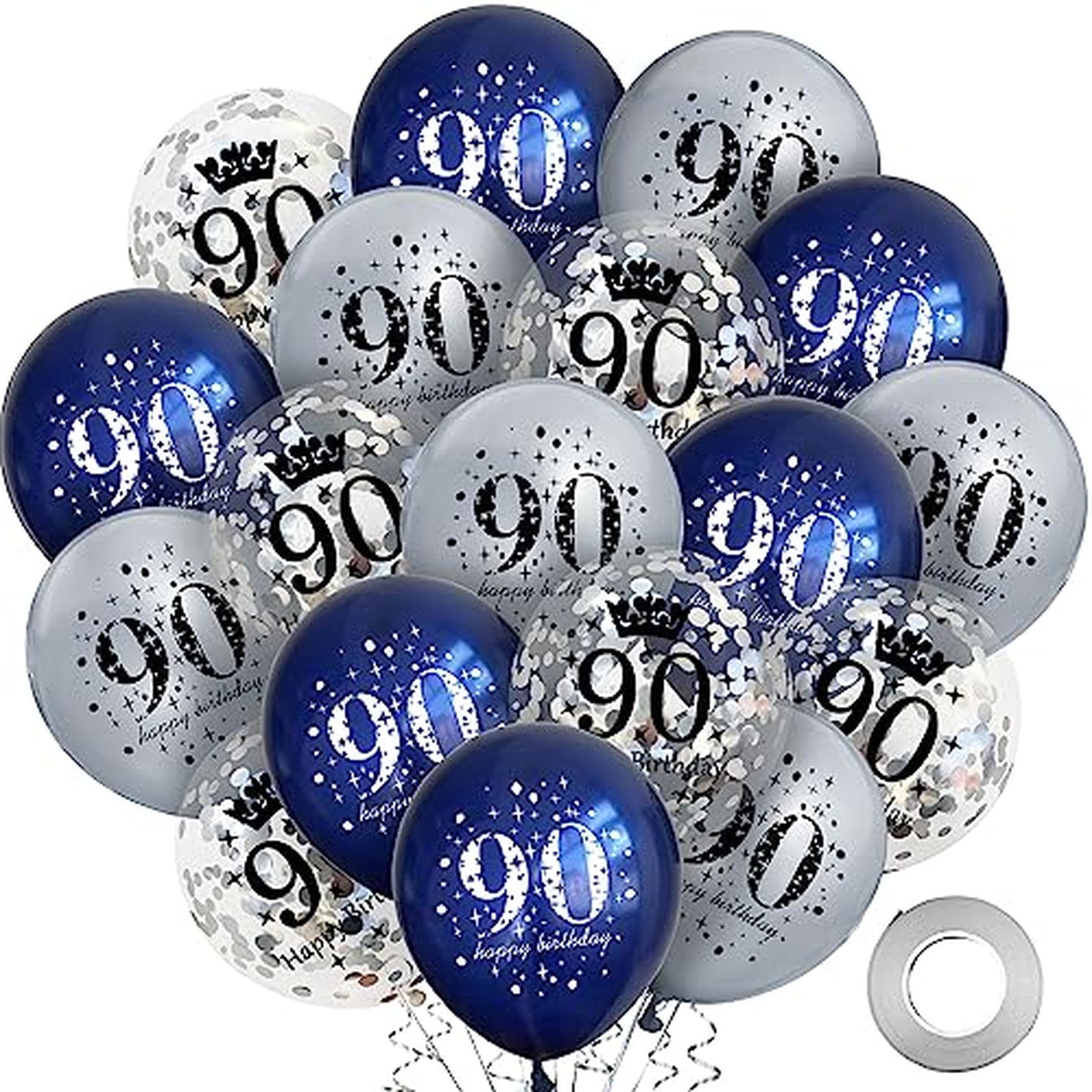 Navy Blue and Silver 90th Birthday Balloon Set - 18 Pcs Confetti Latex ...