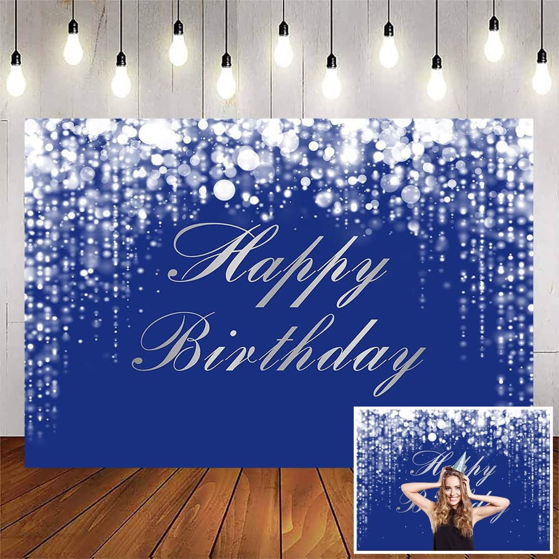 Navy Blue Silver Birthday Backdrop Blue Happy Birthday Background Silver Birthday Banner ...