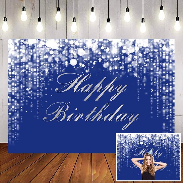 Navy Blue Silver Birthday Backdrop Blue Happy Birthday Background Silver Birthday Banner ...