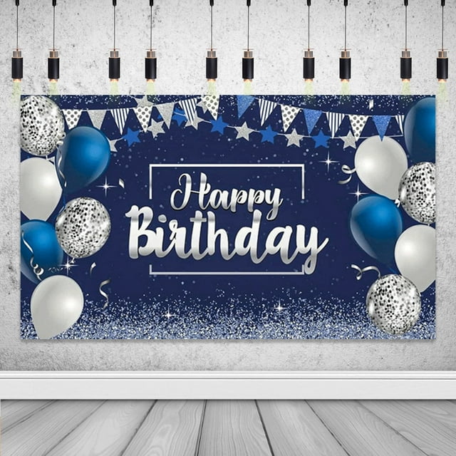Navy Blue and Silver Happy Birthday Backdrop, 70.8" x 43.3" Birthday Banner Backdrop Decorations ...