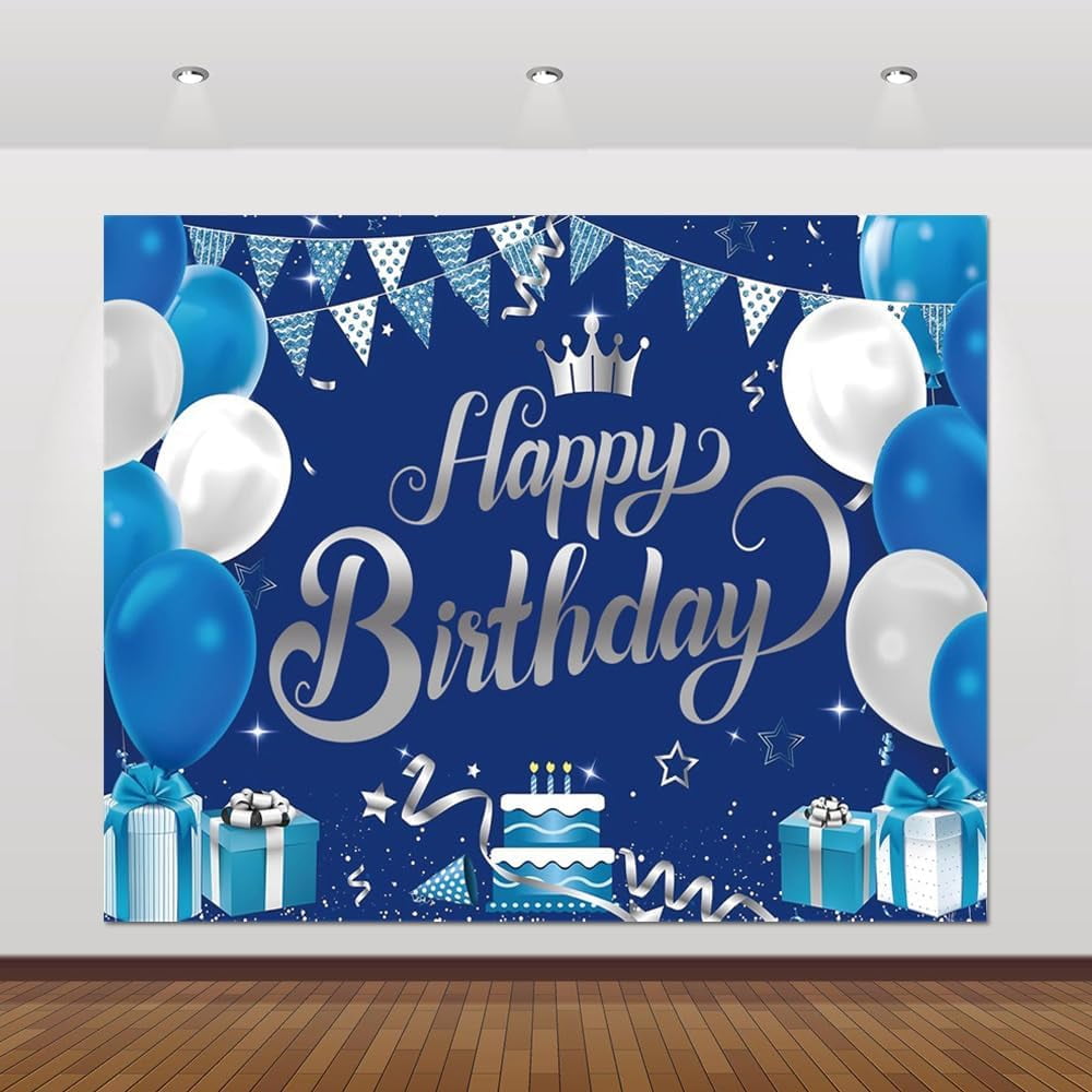 Navy Blue Silver Happy Birthday Backdrop for Men Boys Women Girls Blue Birthday Party ...