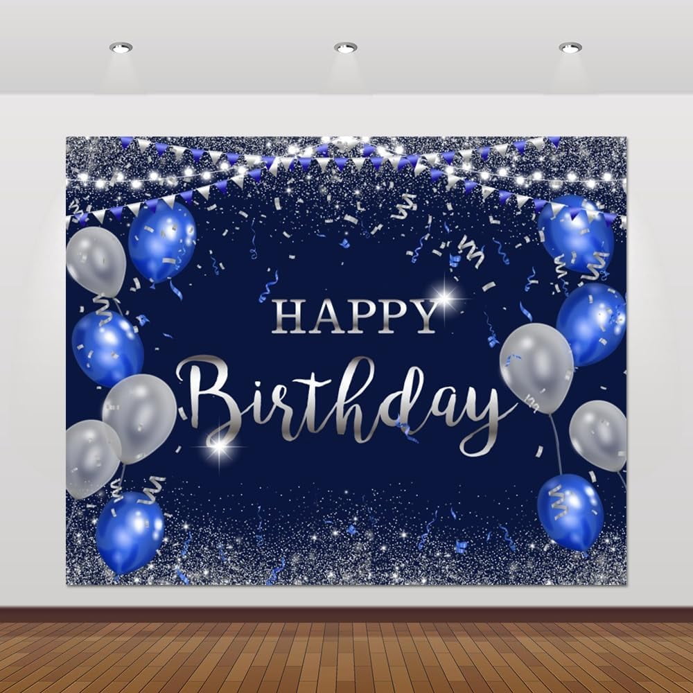 Navy Blue and Silver Happy Birthday Backdrop for Women Men Girls Boys Birthday Party Decorations ...