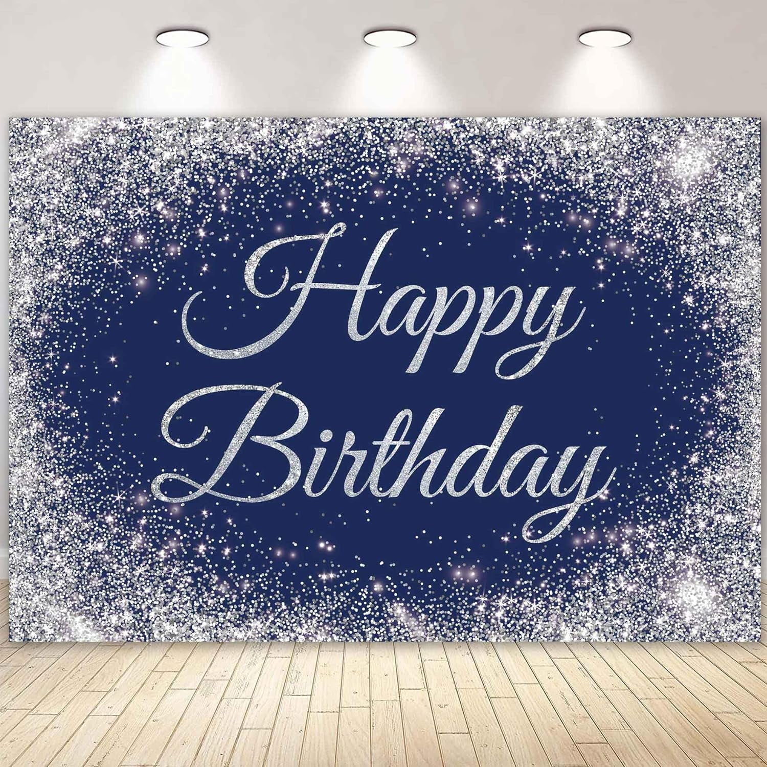 Navy Blue and Silver Happy Birthday Banner Backdrop Glitter Spots ...