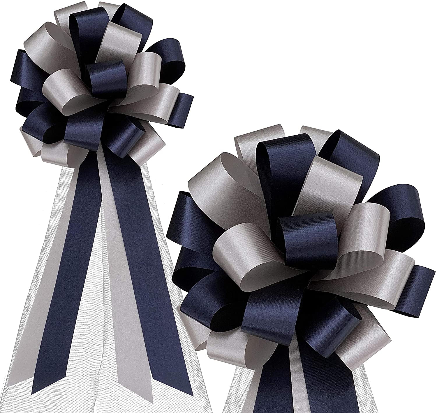 Navy Blue & Silver Pull Bows with Tulle Tails - 8" Wide, Set of 6 ...