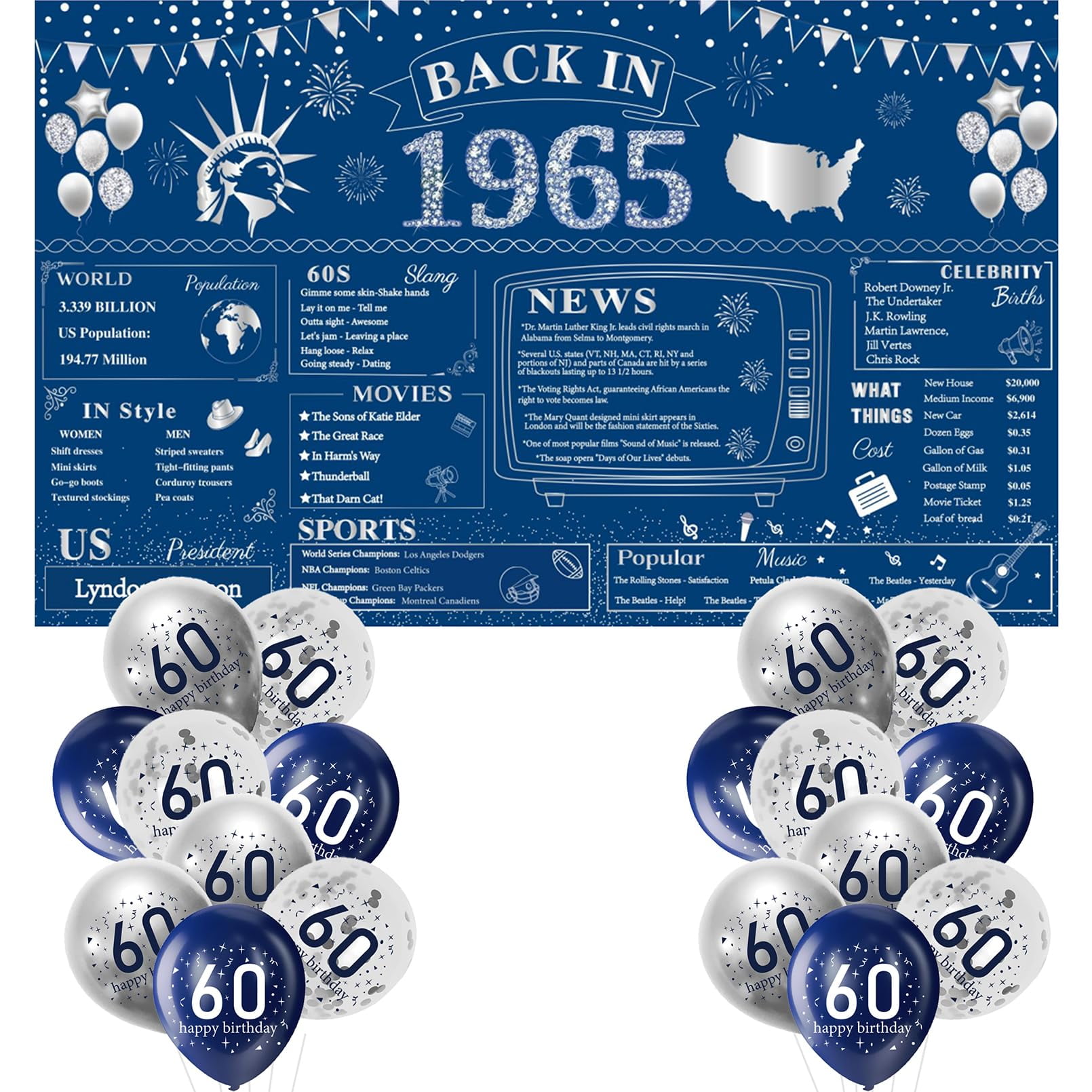 Navy Blue SilverTRDN 60th Birthday Decorations for Men or Women Large ...
