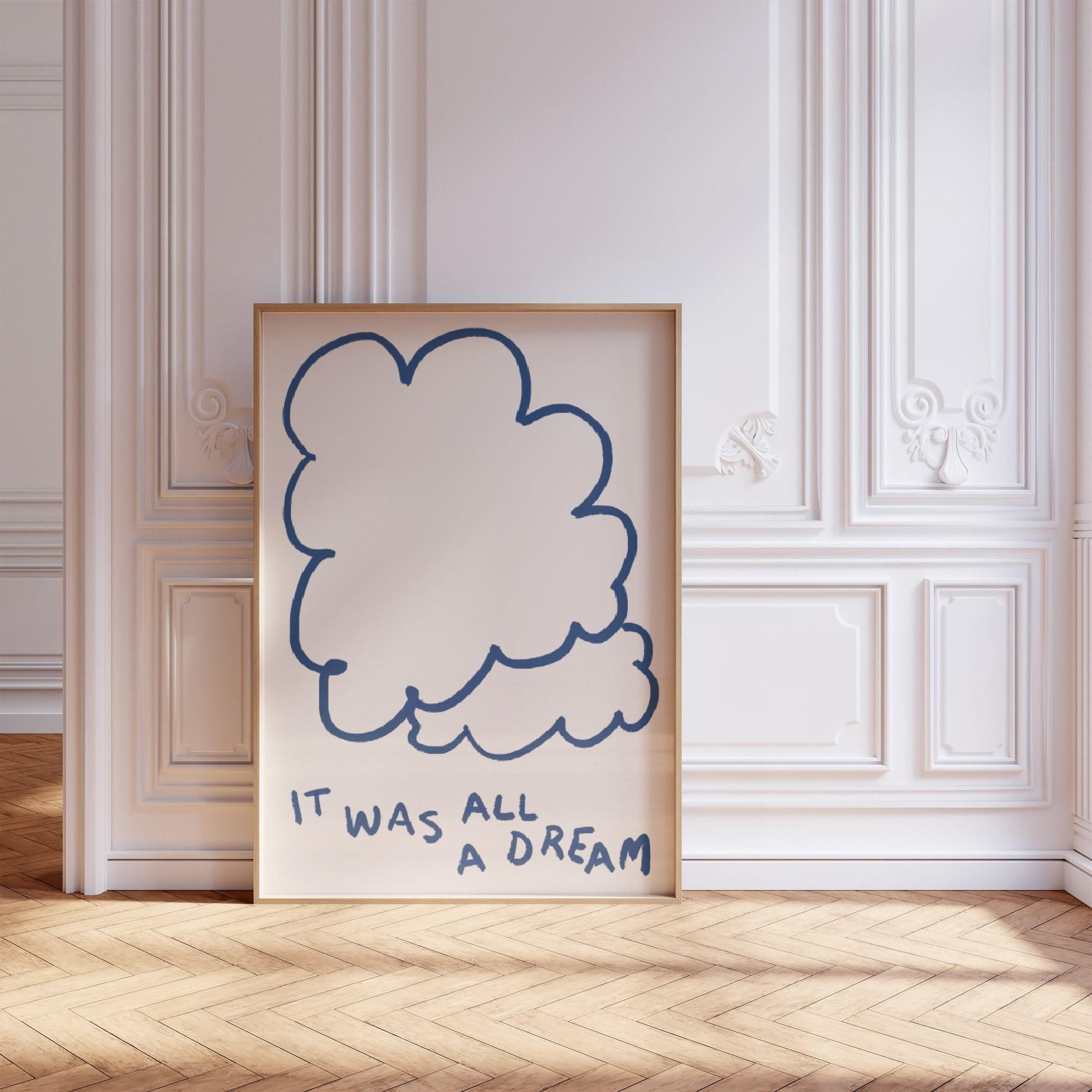 Navy Blue Simple Hand Drawn Bedroom Print, Minimalist Cloud Wall Art, Above Bed Quote Decor ...