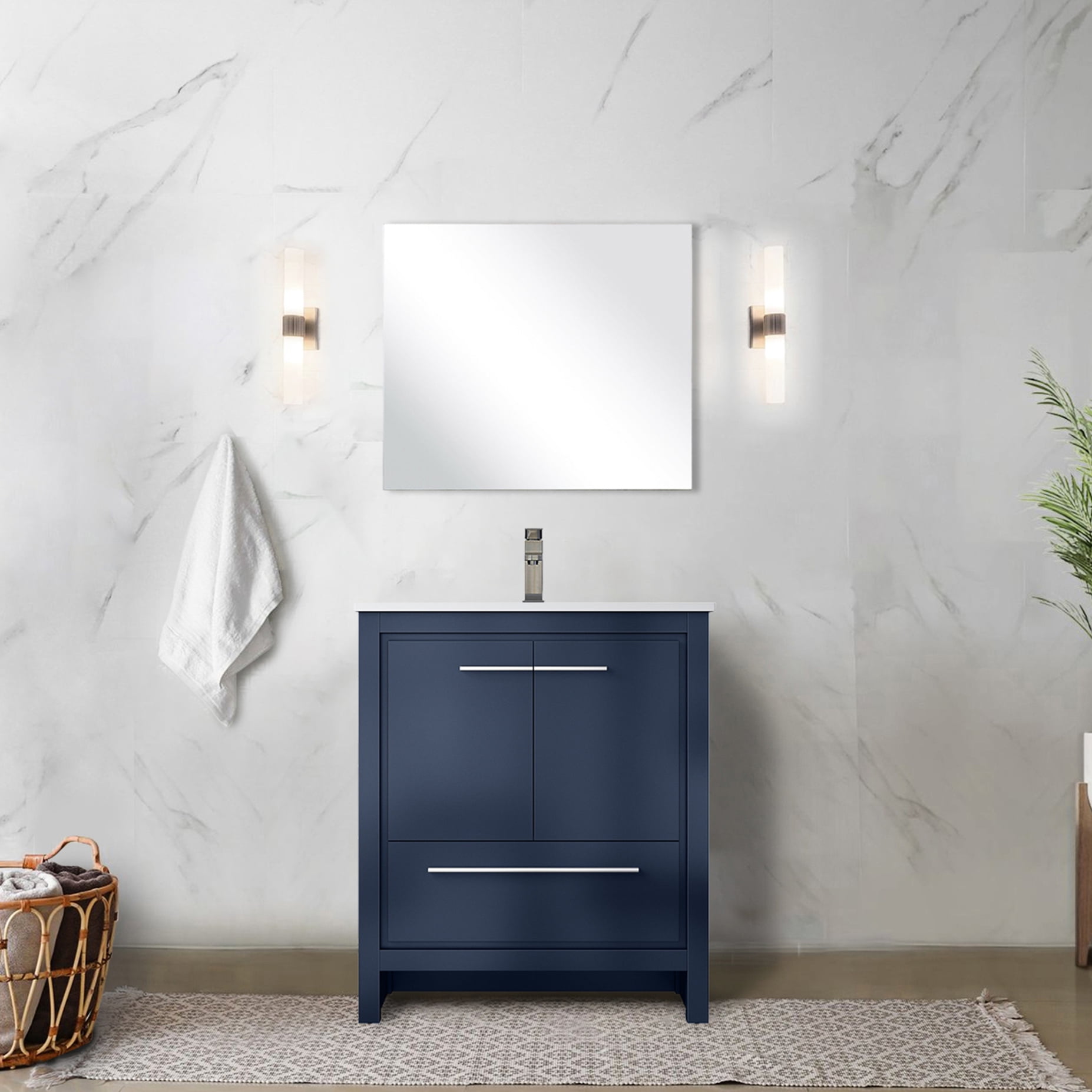 Navy Blue Single Bath Vanity 30"x20", Marble Top, Metal Faucet & 28 ...