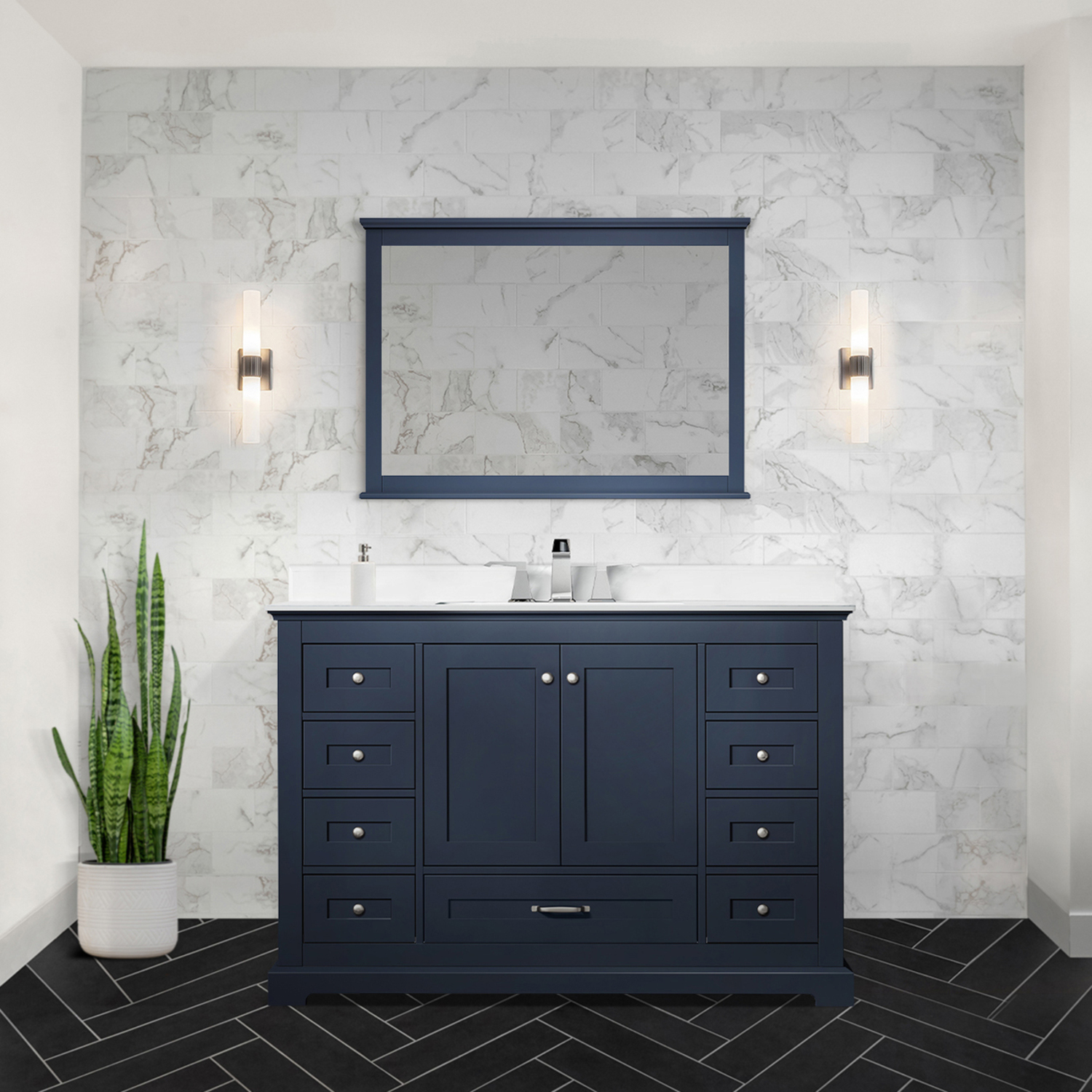 Navy Blue Single Bath Vanity 48 in. W x 22 in. D, White Quartz Top ...