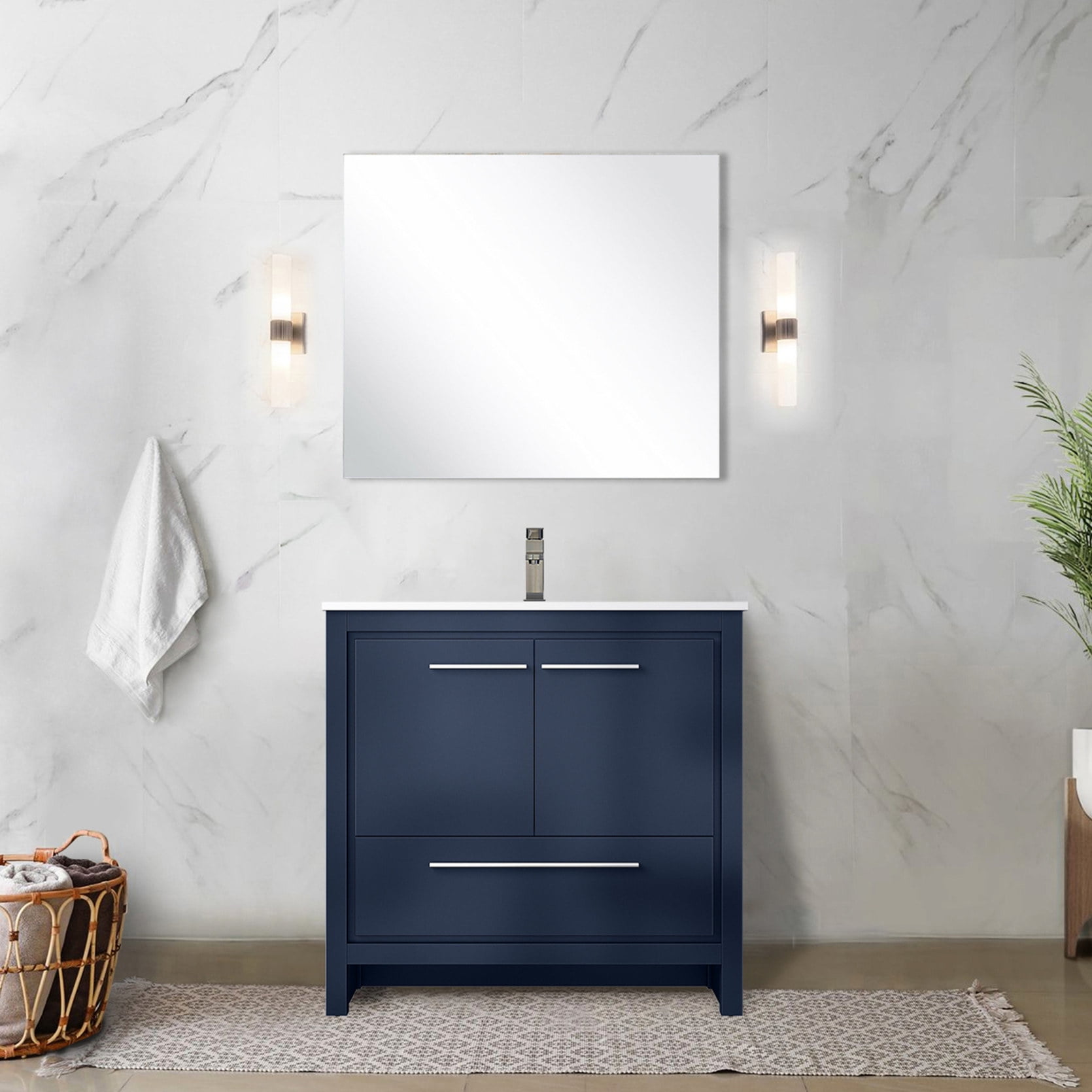 Navy Blue Single Bath Vanity | With Quartz Surface, Gun Metal Faucet ...
