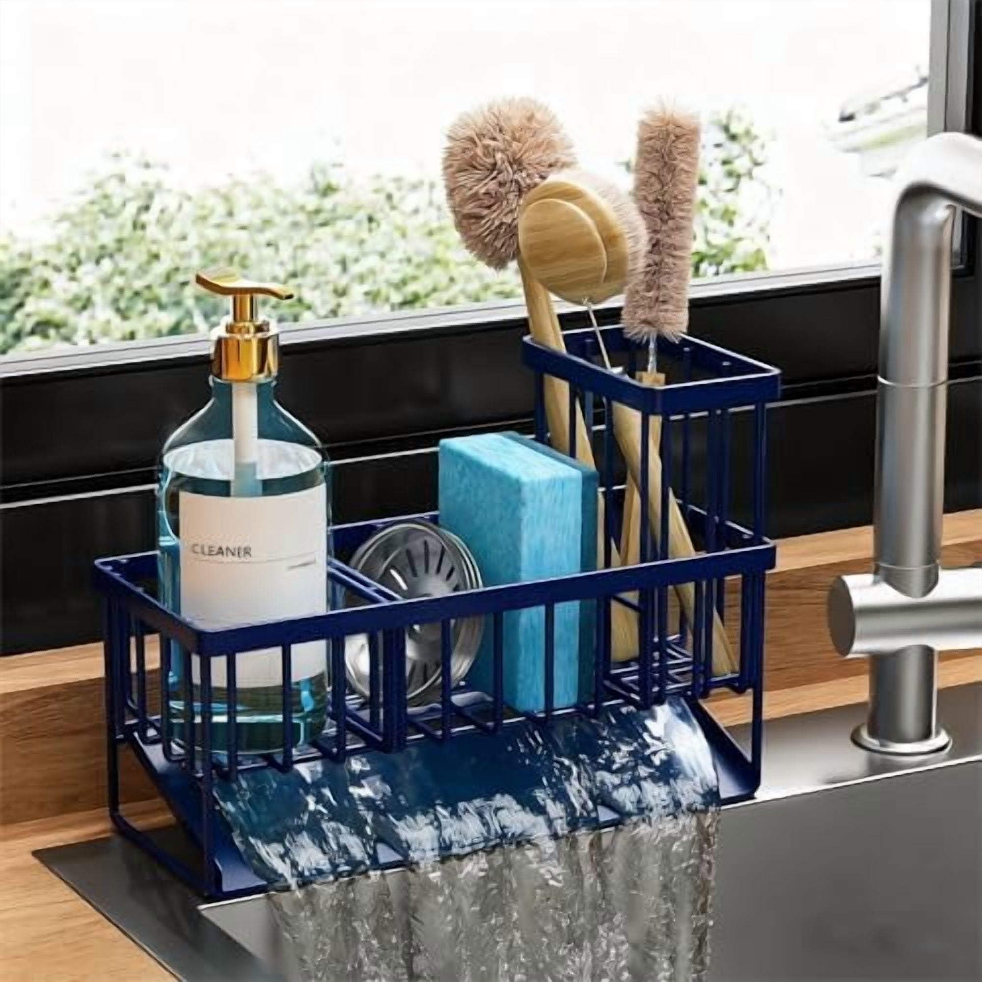 Navy Blue Sink Caddy Organzier with High Brush Holder, Sponge Holder ...