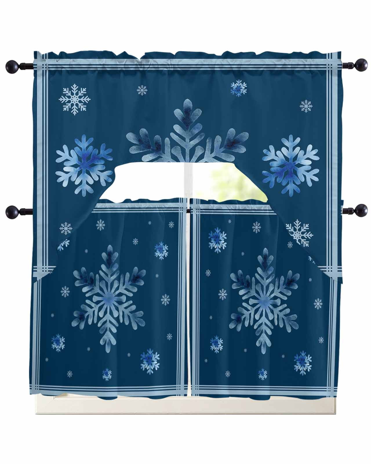 Navy Blue Snowflake Swag Kitchen Curtains Sets for Windows 24 Inch ...