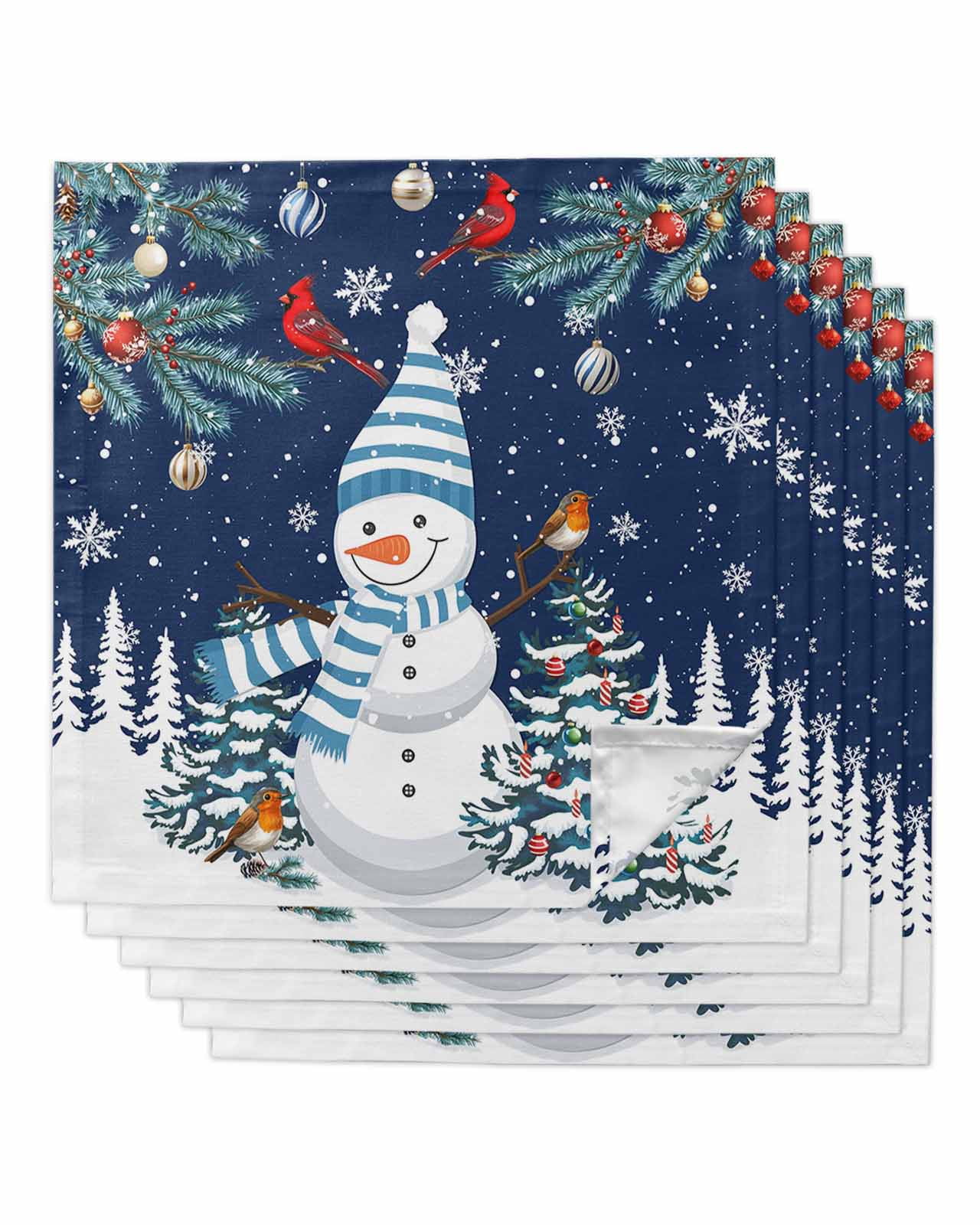 Navy Blue Snowman Christmas Cloth Napkins Washable Set of 6, Xmas Tree ...