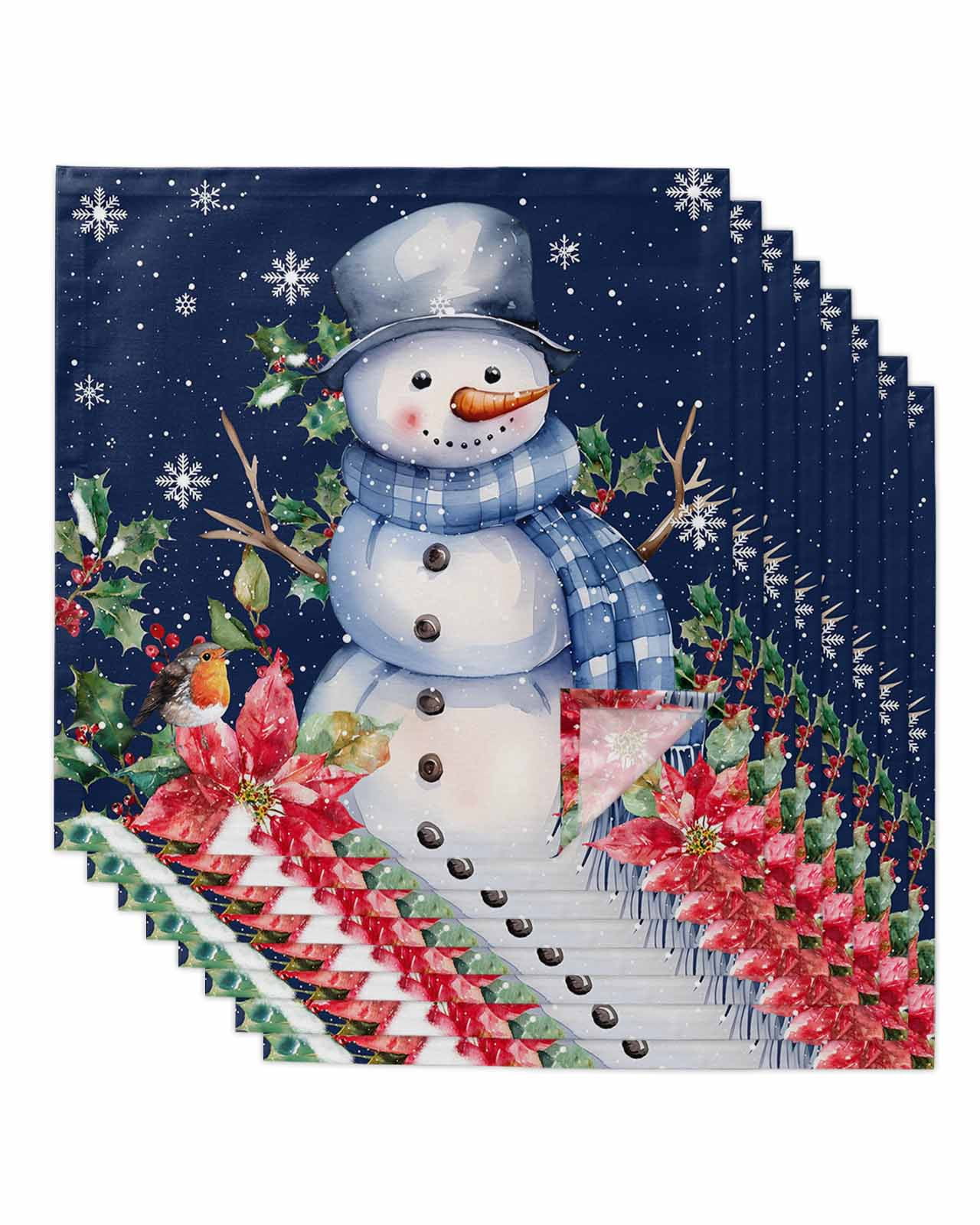 Navy Blue Snowman Cloth Napkins Washable Set of 8, Christmas Poinsettia ...