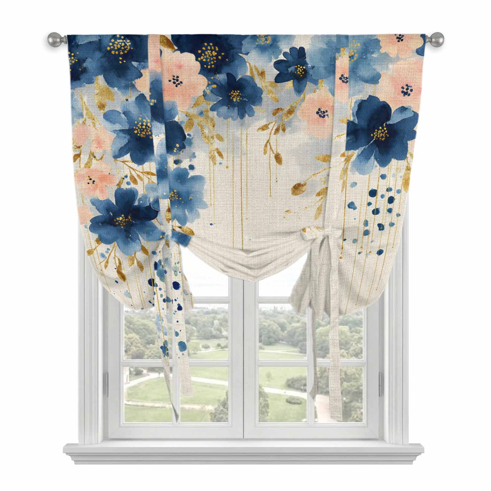 Navy Blue Spring Floral Balloon Curtains for Living Room/French Door ...