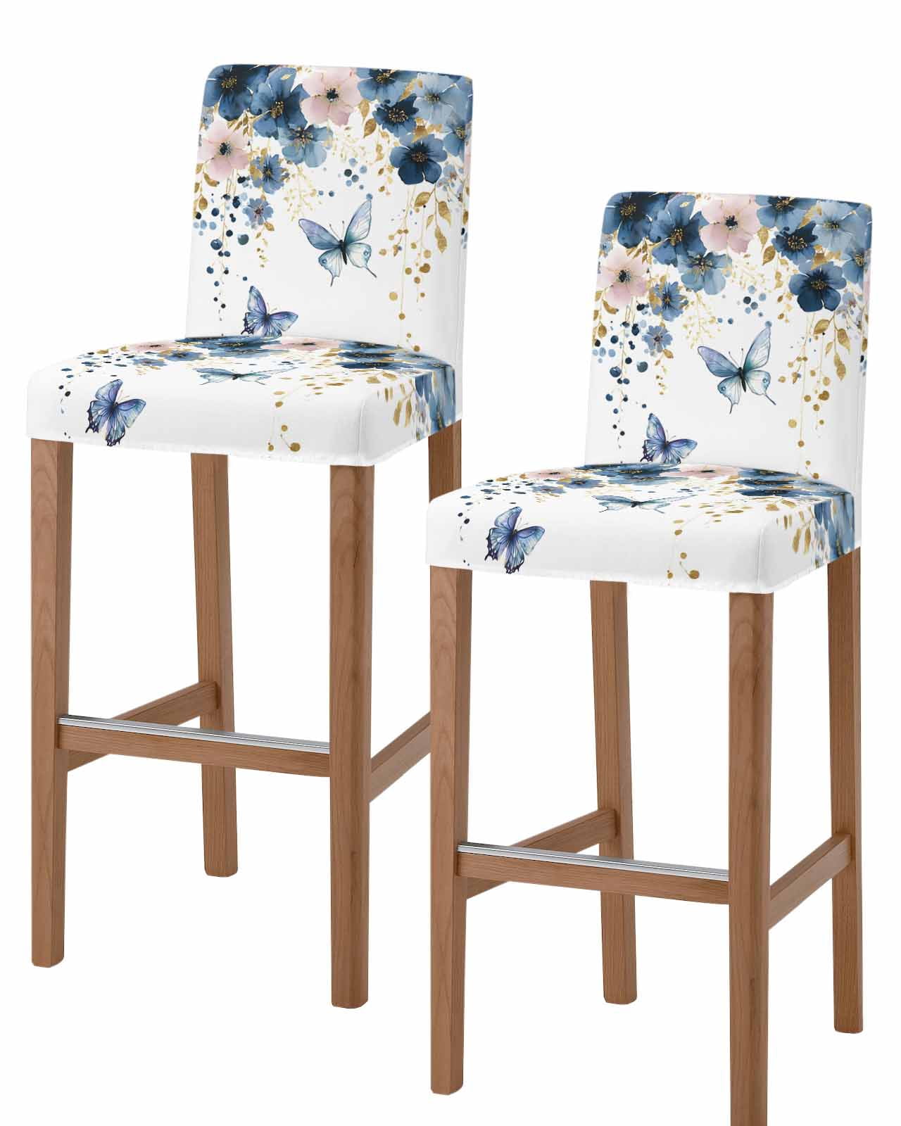 Navy Blue Spring Floral Bar Stool Covers Set of 2, Farmhouse Butterfly ...