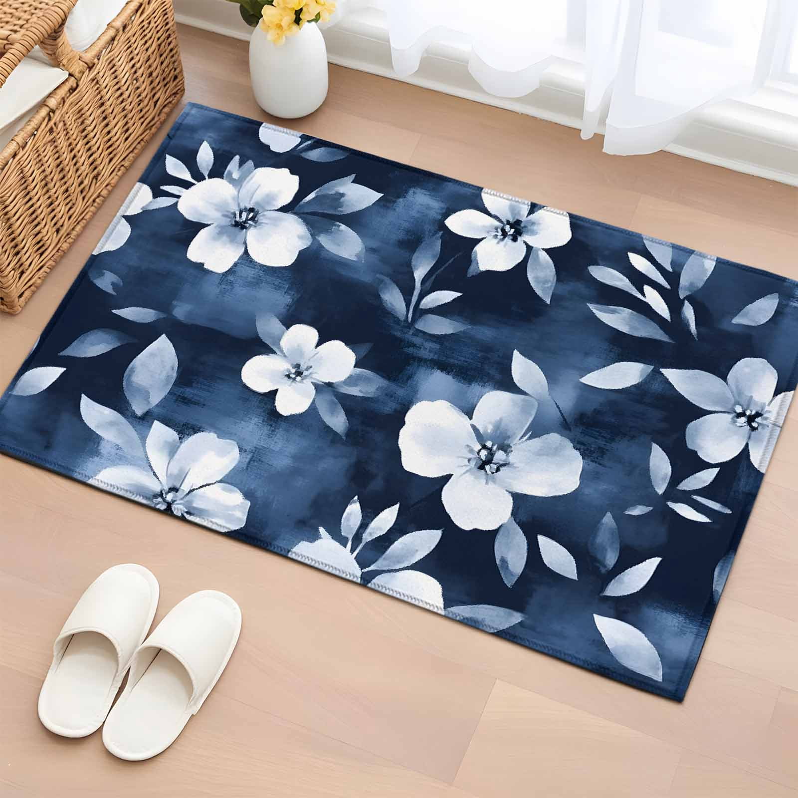 Navy Blue Spring Floral Bathroom Mats 2x3 FT,Non Slip Small Kitchen Mat ...