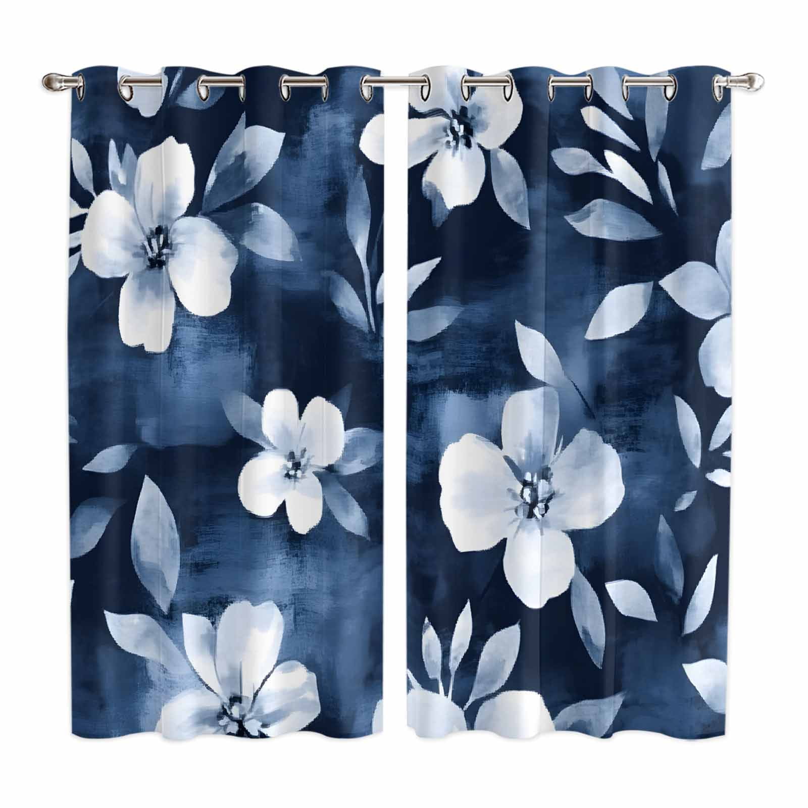 Navy Blue Spring Floral Kitchen Curtains 63 Inch Length, Summer Flowers ...