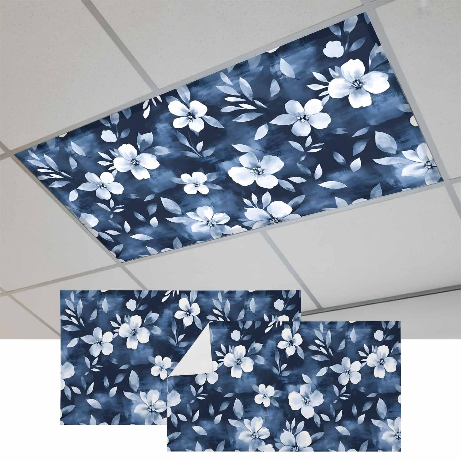 Navy Blue Spring Floral Magnetic Fluorescent Light Covers for Ceiling ...