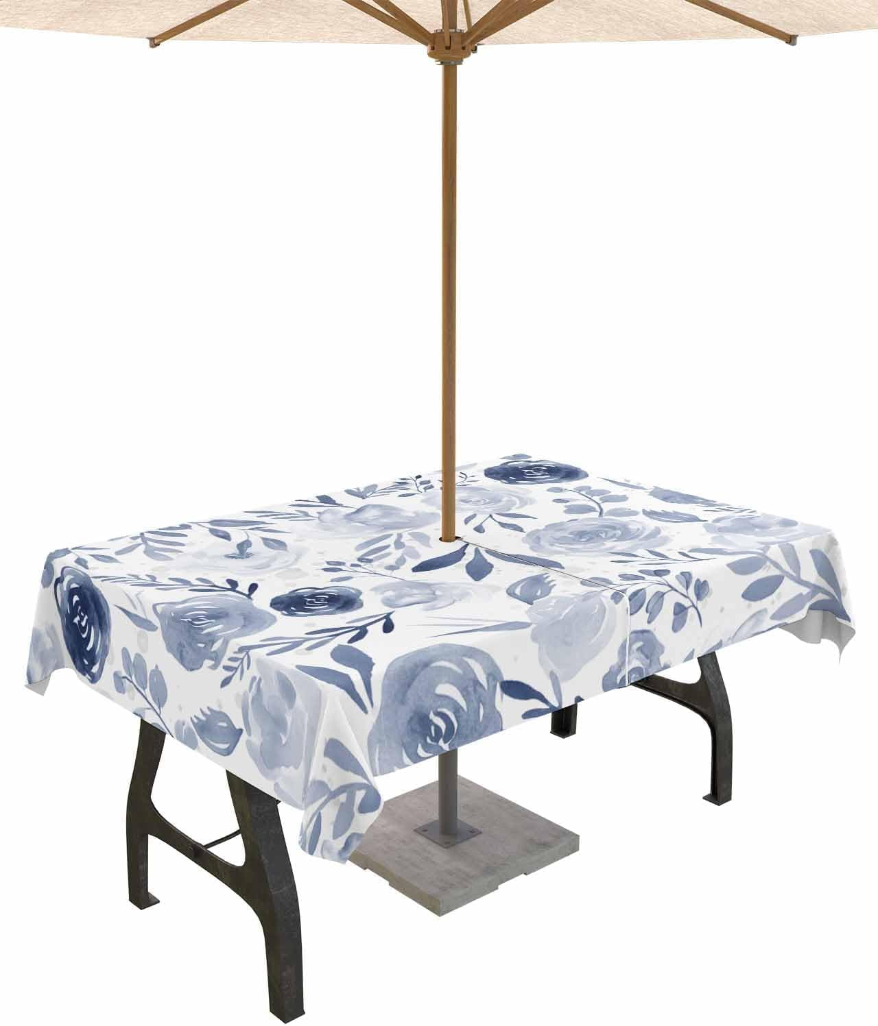 Navy Blue Spring Floral Outdoor Tablecloth - 54 Inch Round Dining Table ...