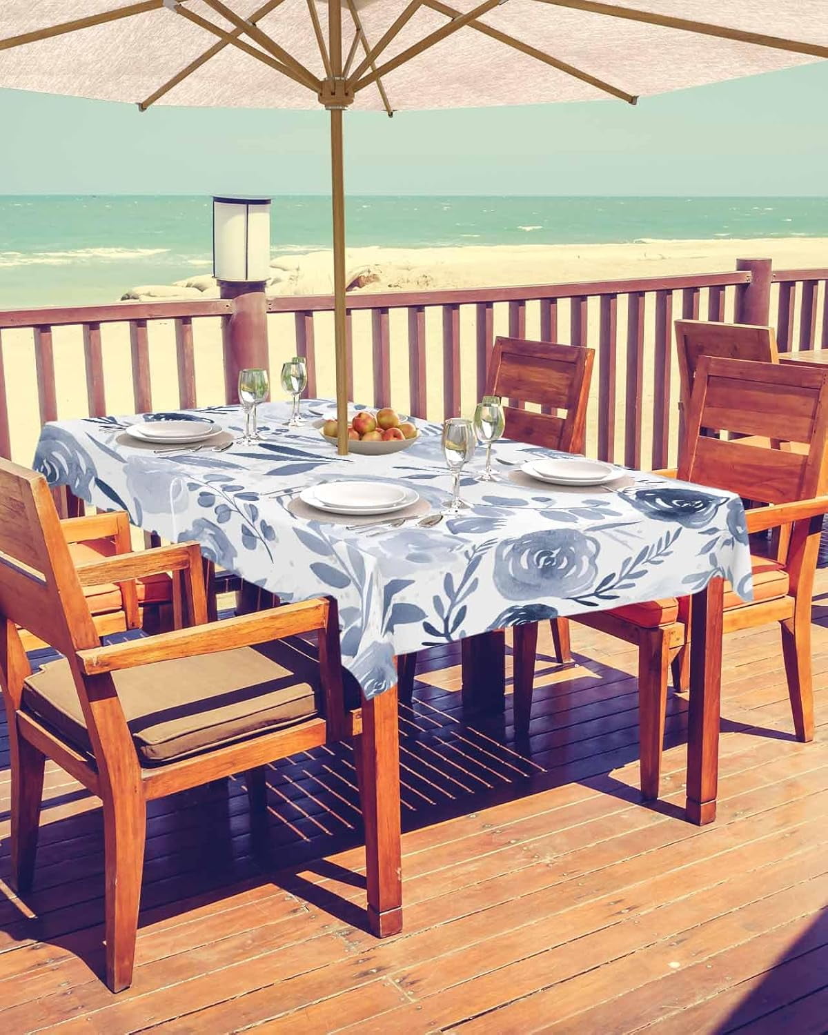 Navy Blue Spring Floral Outdoor Tablecloth - 54 Inch Round Dining Table ...