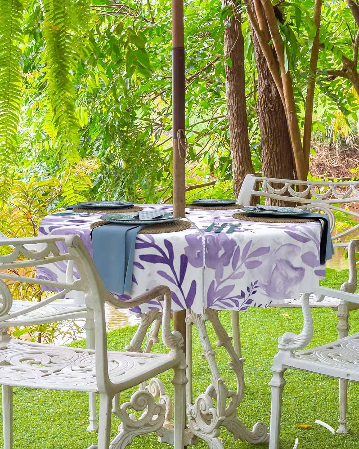 Navy Blue Spring Floral Outdoor Tablecloth - 54 Inch Round Dining Table ...