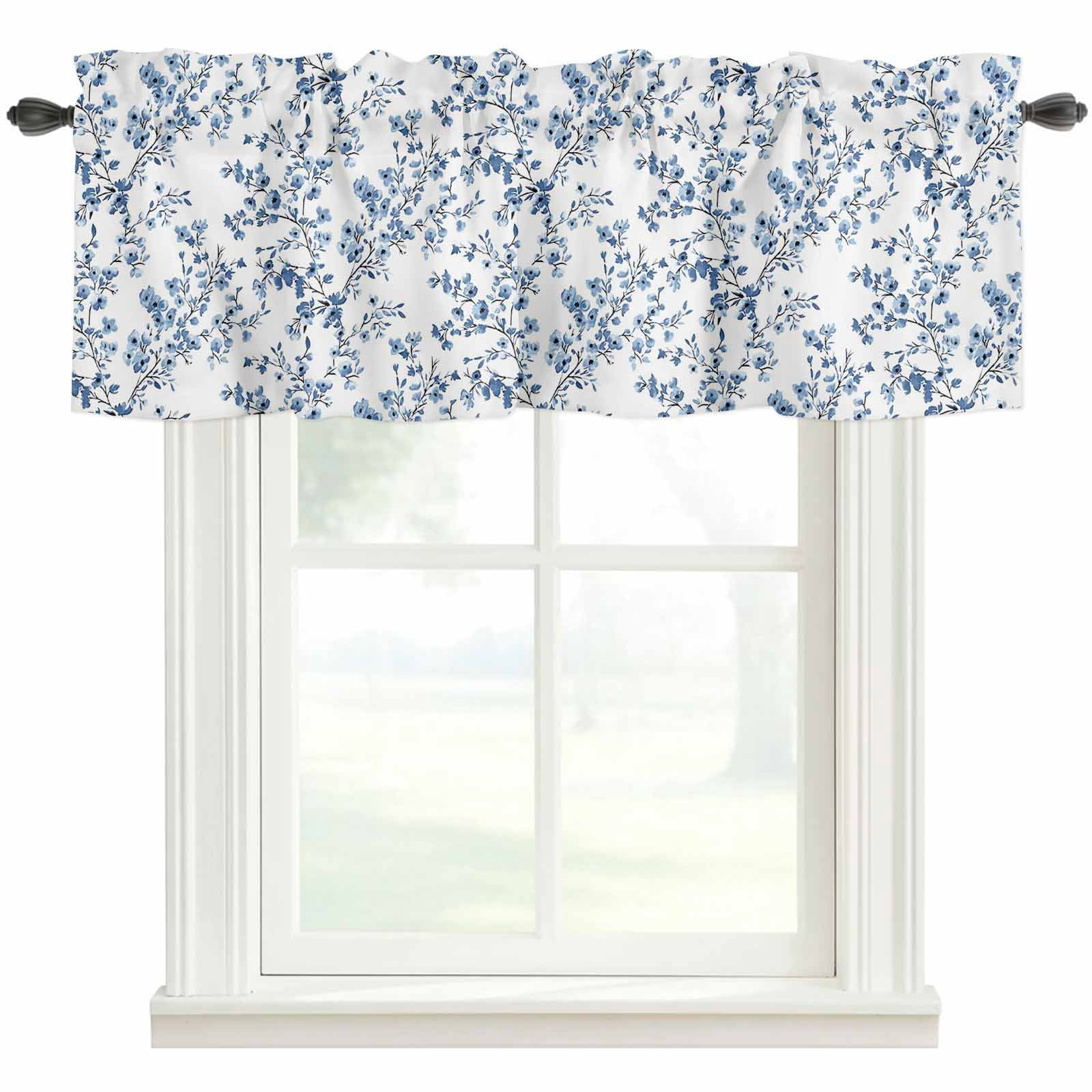 Navy Blue Spring Floral Rod Pocket Curtain Valance, Elegant Pastoral ...