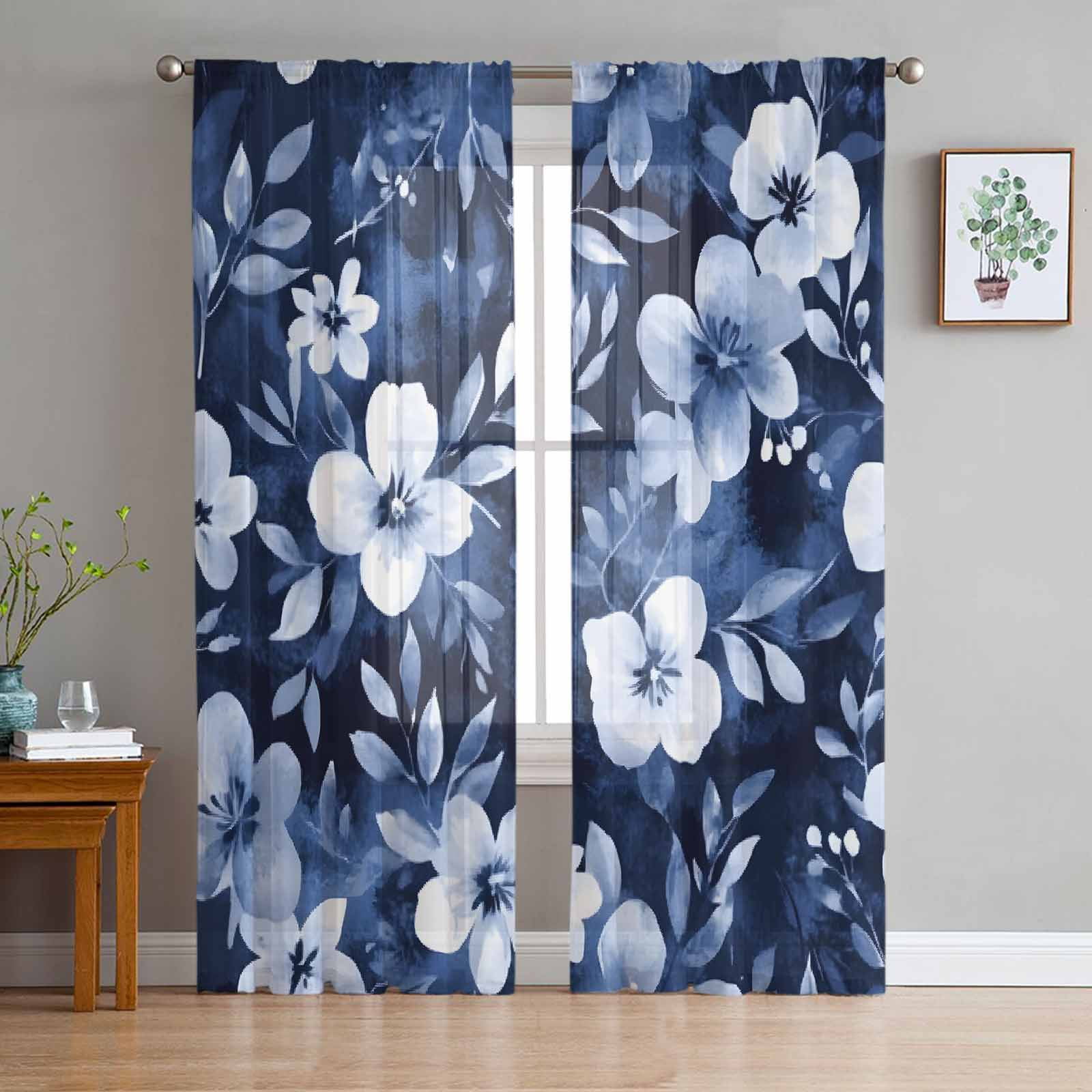 Navy Blue Spring Floral Sheer Curtains 108 Inch Length 2 Panels Set for ...