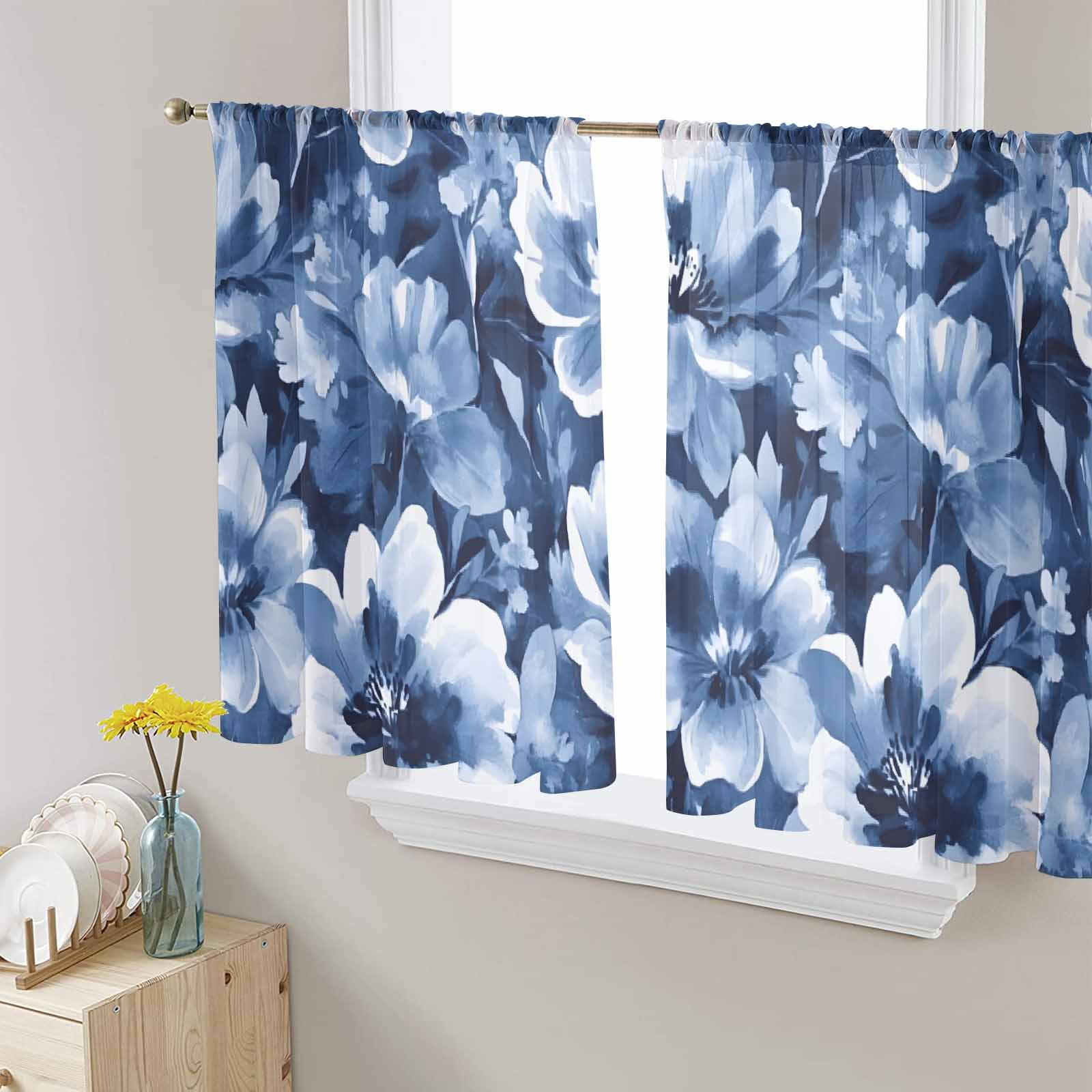 Navy Blue Spring Floral Sheer Curtains 54 Inch Length 2 Panels Set for ...